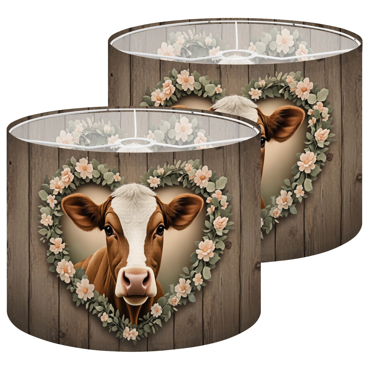 Cow Lampshades 2 Pack Cow Face Floral Heart Frame Rustic Wood 13"x13 ...