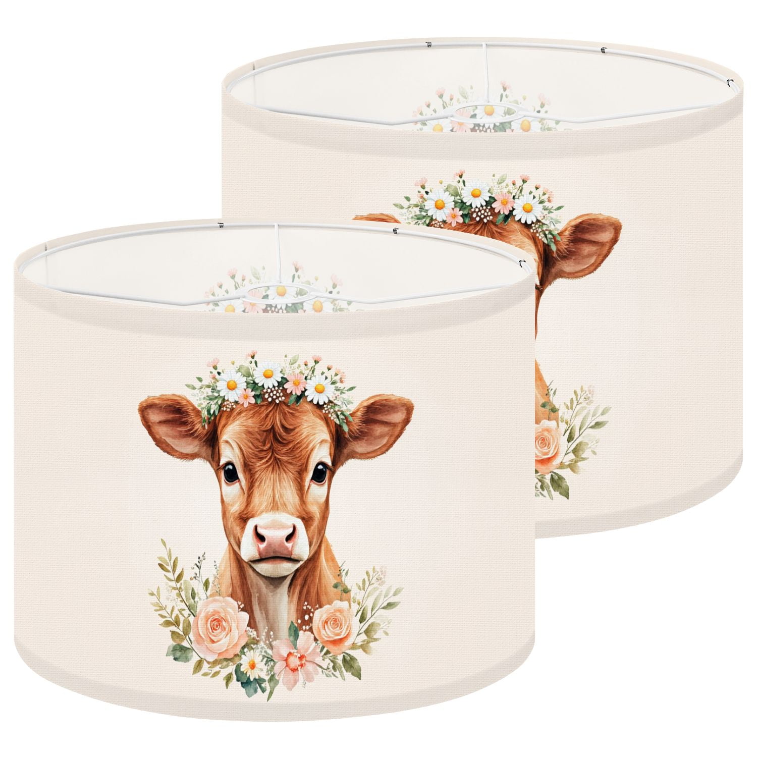 Cow Lampshades 2 Pack Cute Calf Floral Crown Soft Pink Roses 13"x13"x10 ...