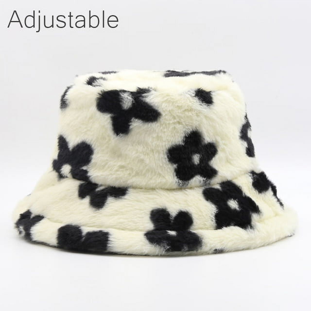 Cow Leopard Faux Fur Fluffy Bucket Hats Women Outdoor Warm Sun Hat Soft ...