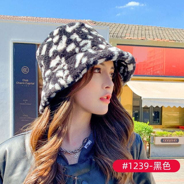 Cow Leopard Faux Fur Fluffy Bucket Hats Women Outdoor Warm Sun Hat Soft ...