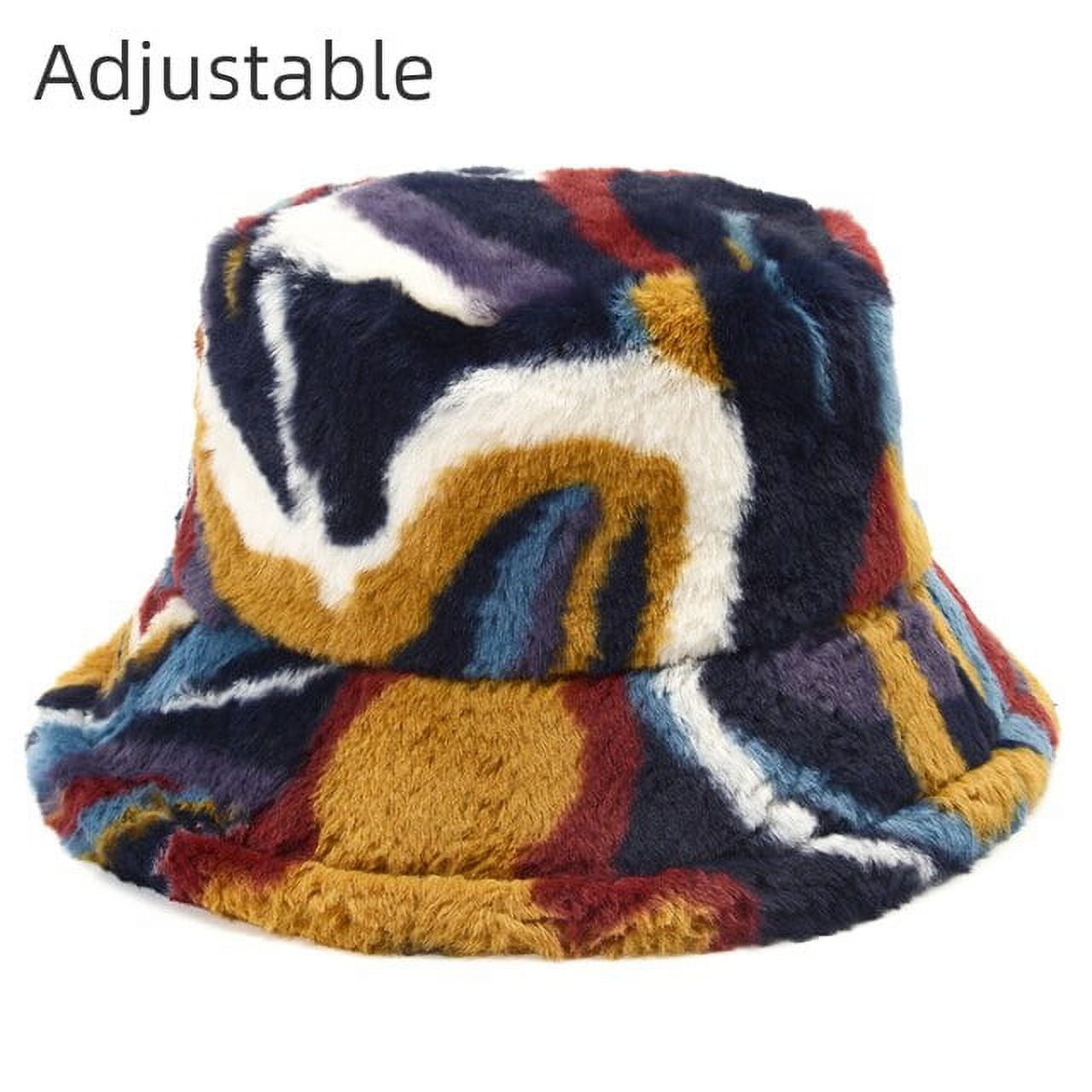 Cow Leopard Faux Fur Fluffy Bucket Hats Women Outdoor Warm Sun Hat Soft ...
