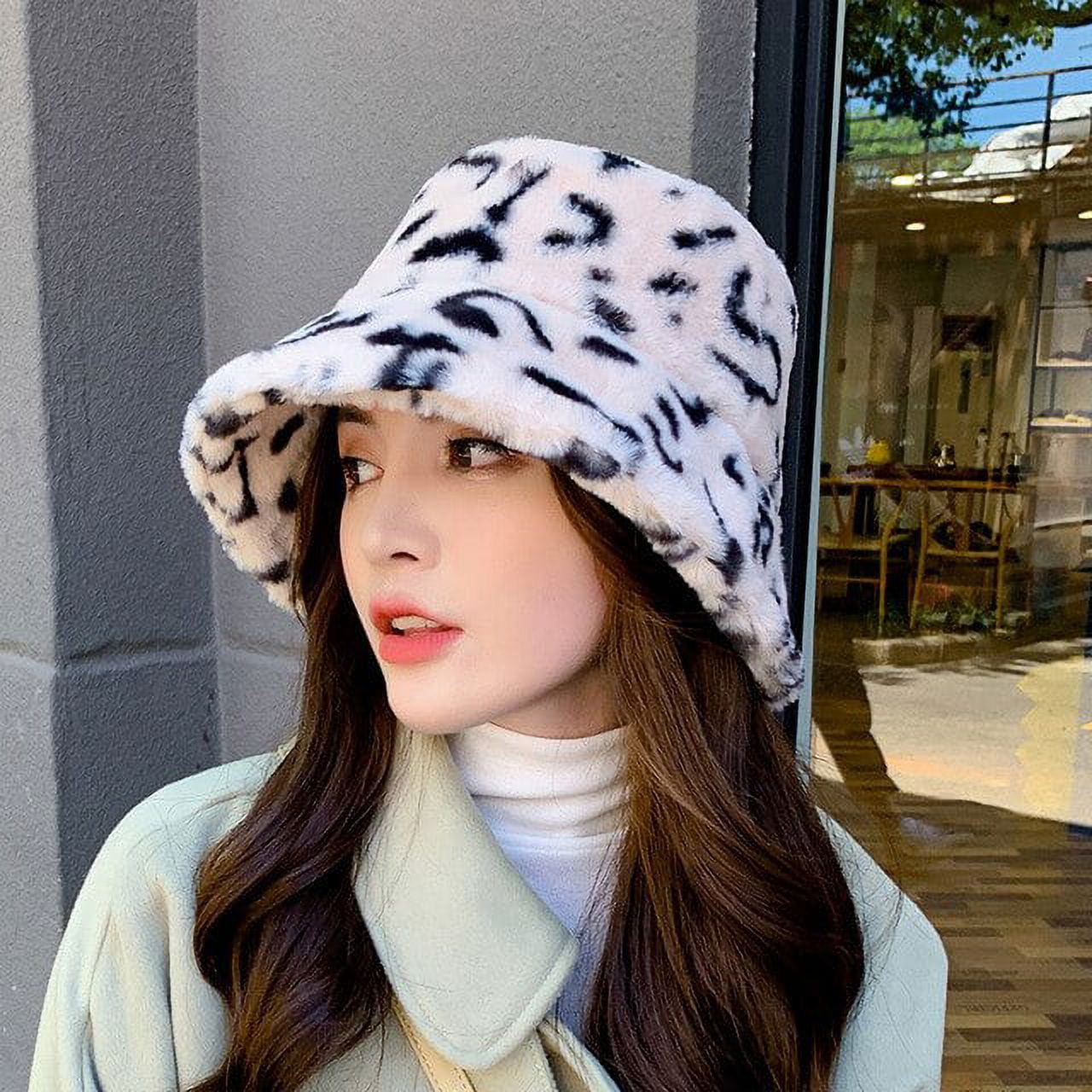 Cow Leopard Faux Fur Fluffy Bucket Hats Women Outdoor Warm Sun Hat Soft ...