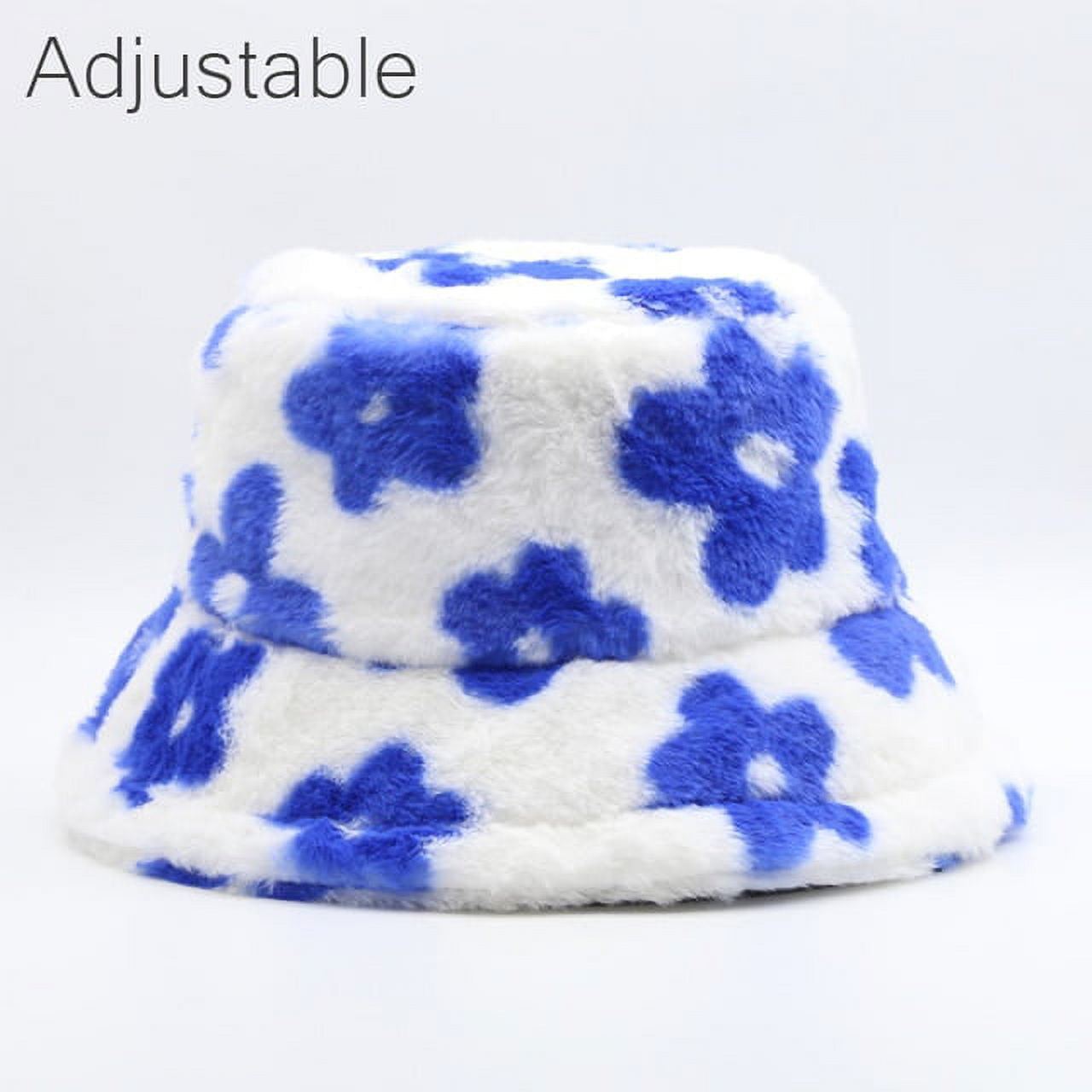 Cow Leopard Faux Fur Fluffy Bucket Hats Women Outdoor Warm Sun Hat Soft ...