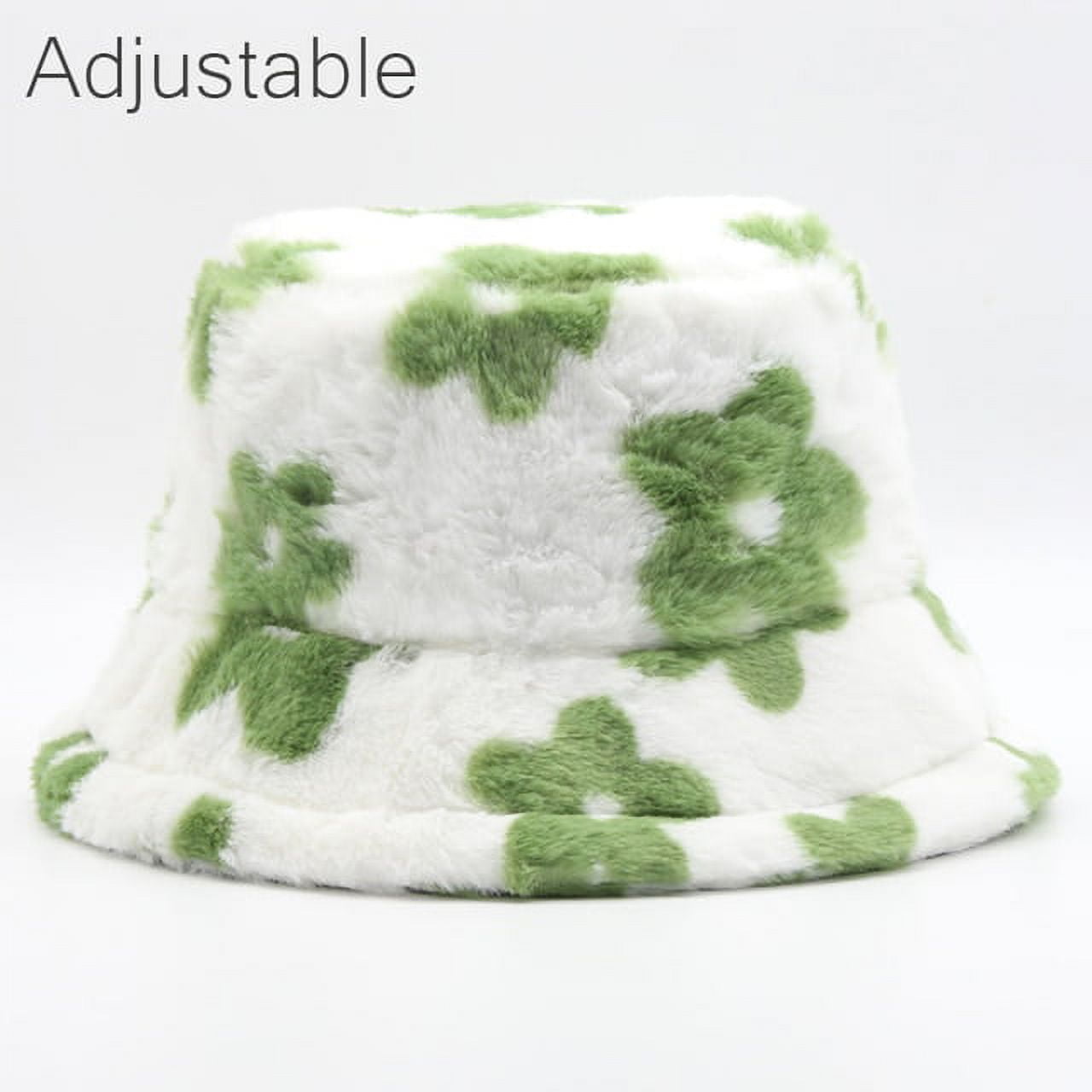 Cow Leopard Faux Fur Fluffy Bucket Hats Women Outdoor Warm Sun Hat Soft ...