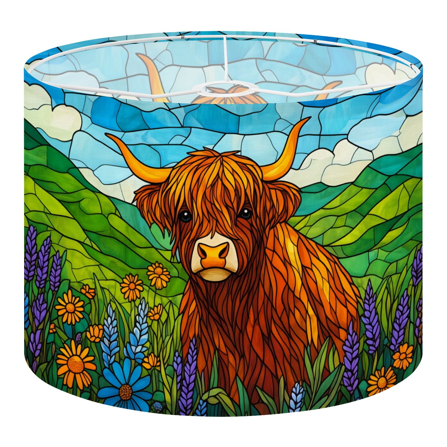 Cow Linen Drum Lampshades Highland Cow Colorful Wildflowers Rolling ...