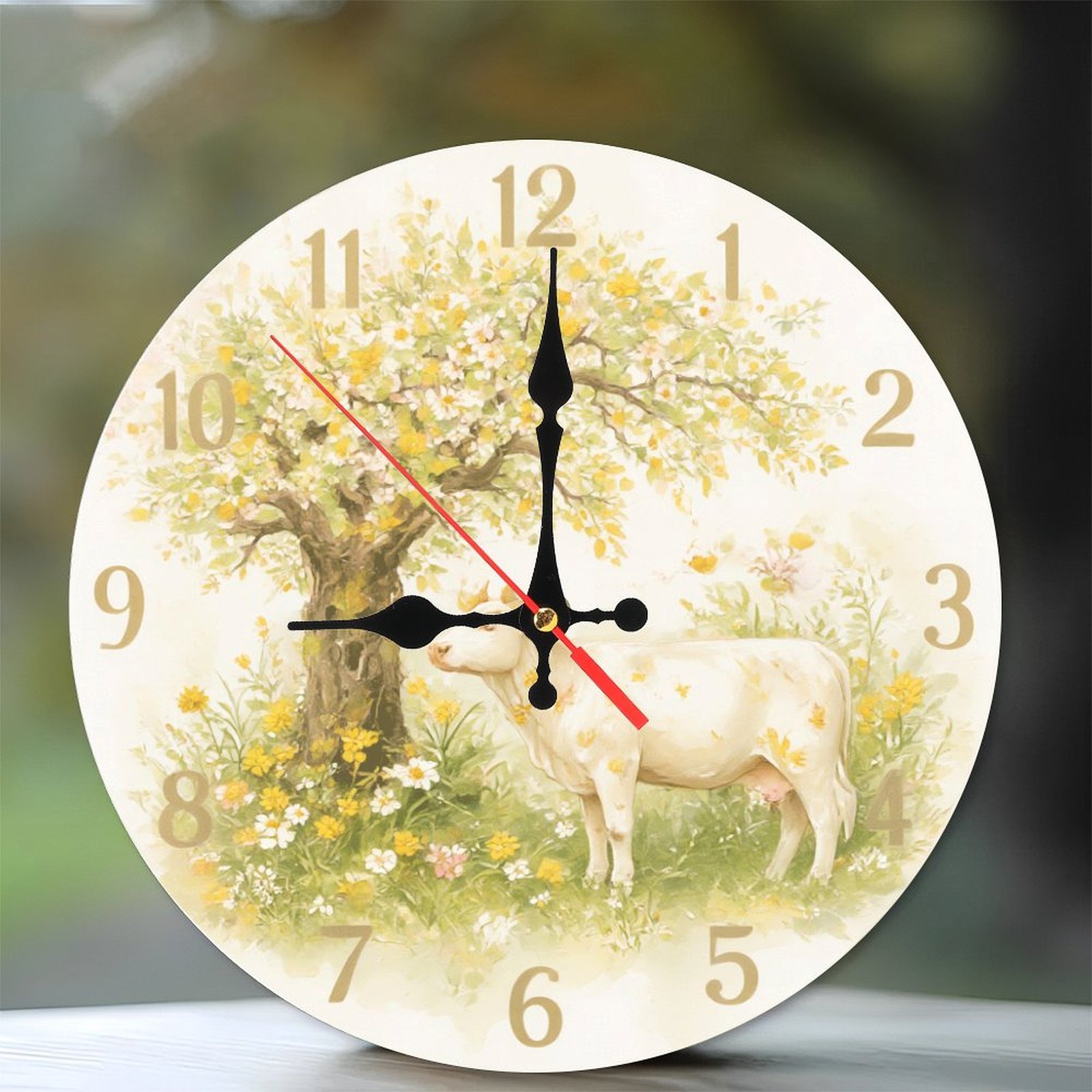 Cow Meadow Spring Floral Wall Clock Home Decor 10-Inch Silent Wooden ...