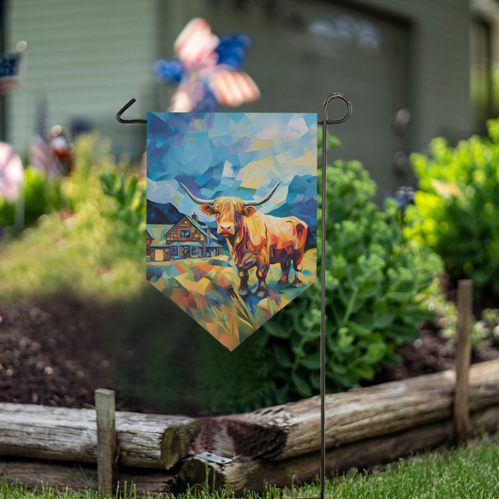 Cow Mountains Grass Houses Garden Flag 18" x 12.5" Double Sided Yard ...