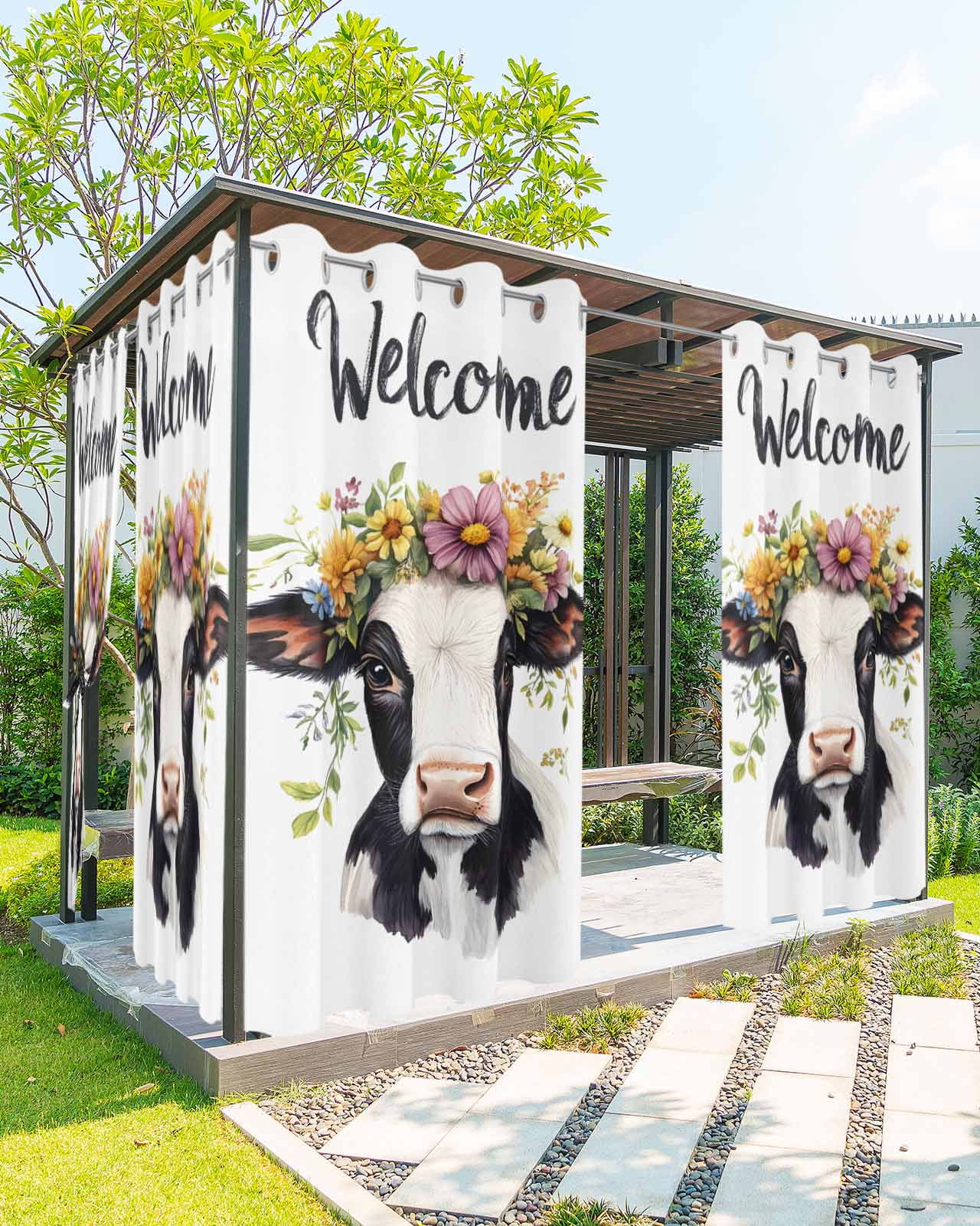 Cow Outdoor Curtains for Patio, Welcome Waterproof Weatherproof Outside ...