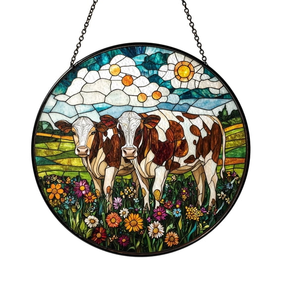 Cow Pasture Scene Stained Glass Style Window Suncatcher Hanging Decor ...