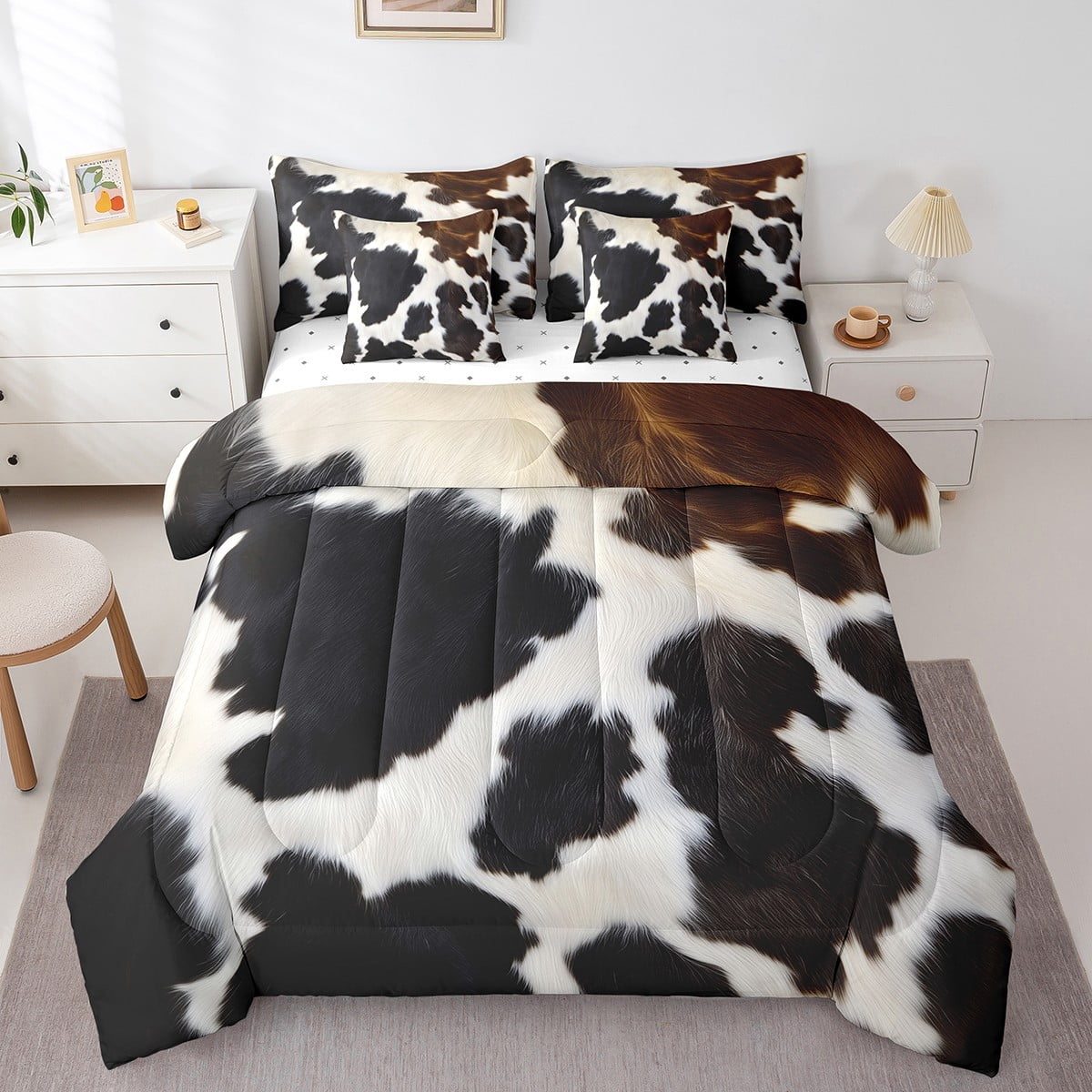 Cow Pattern Comforter Set Full,Cowhide Pattern Sheet Set White Brown Rustic Home Decor 7-Piece ...