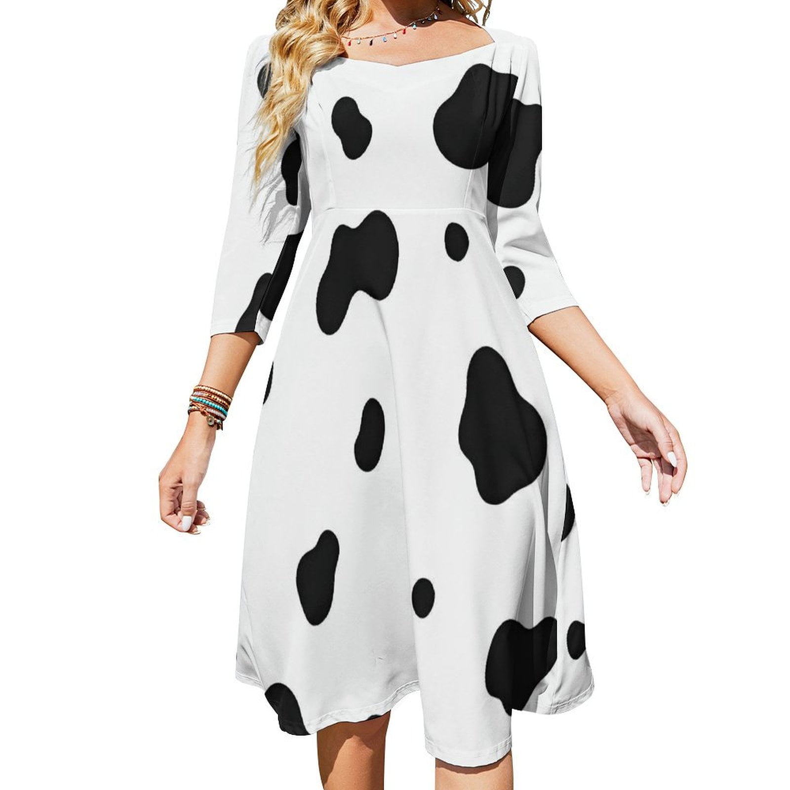 Cow Pattern Flare Dress Square Neck Dress Elegant Female Fashion ...