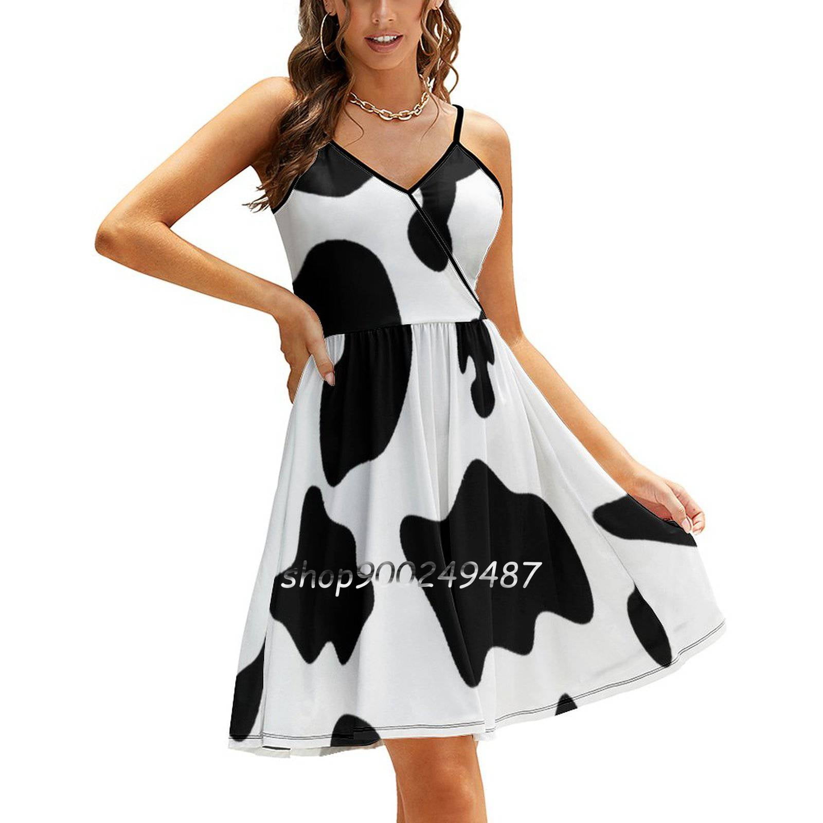 Cow Pattern Spots Animal Print Square Neck Dress Cute Loose Print ...