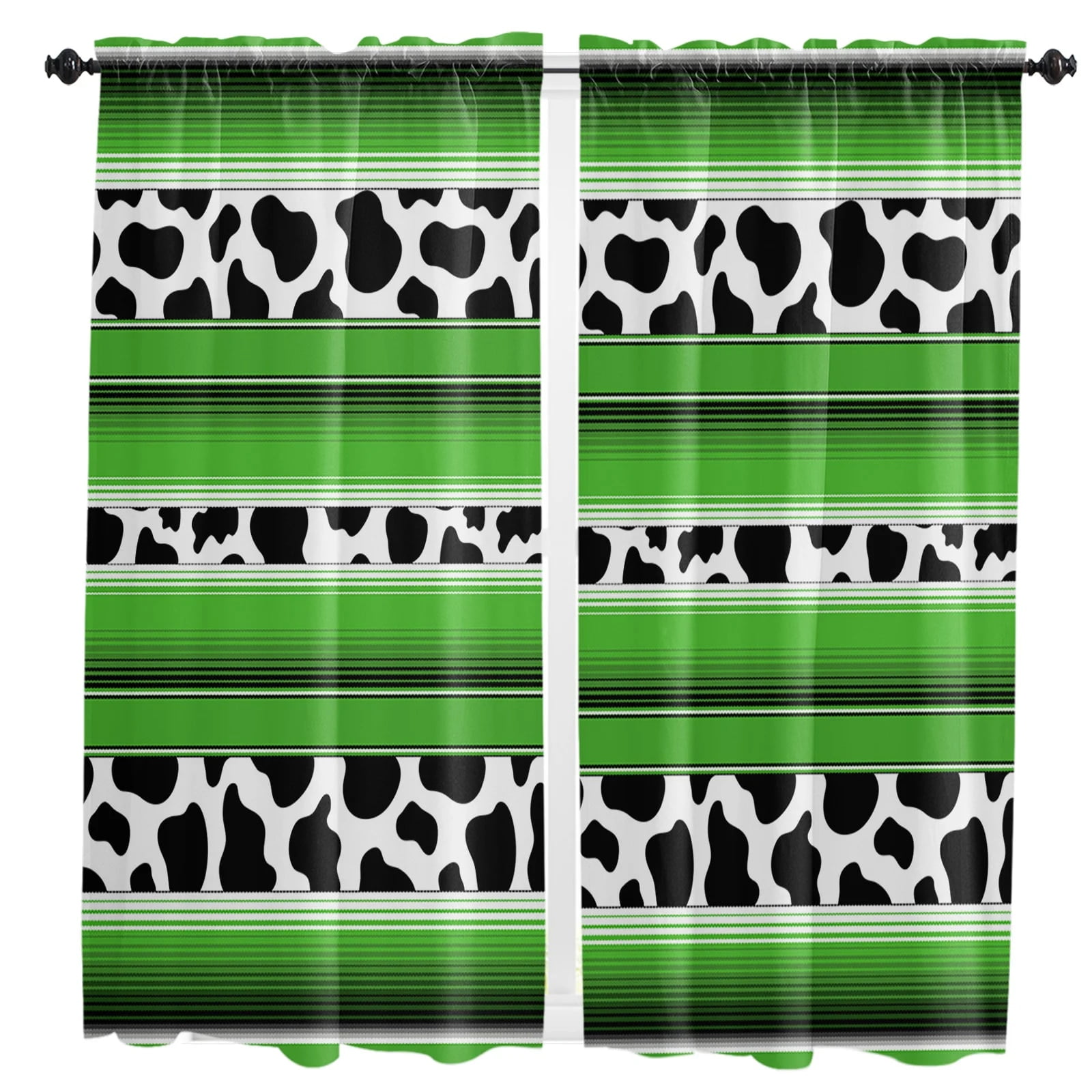 Cow Pattern Striped Green Small Curtain Rod Pocket Short Curtains Half ...