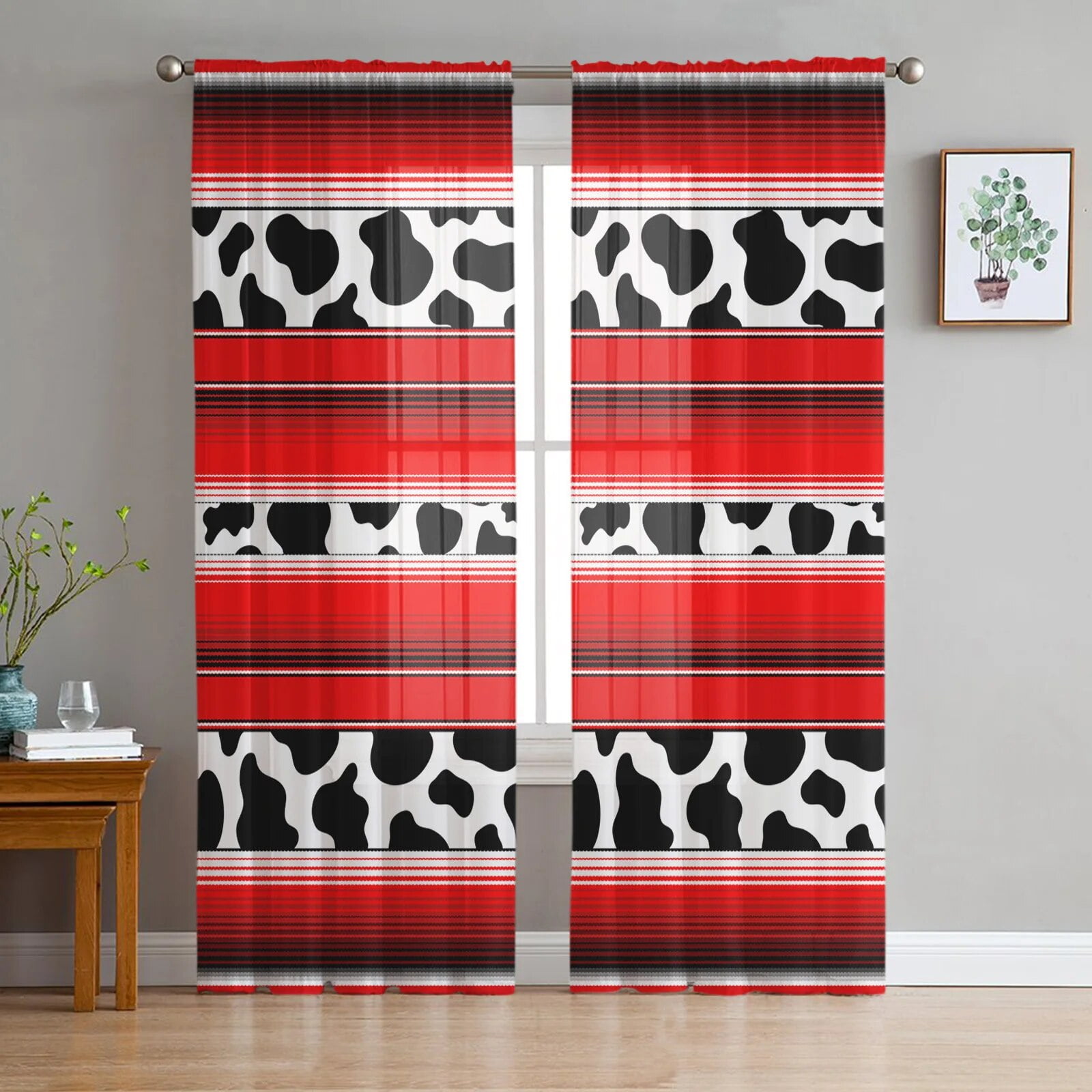 Cow Pattern Striped Red Chiffon Sheer Curtains For Living Room Bedroom ...