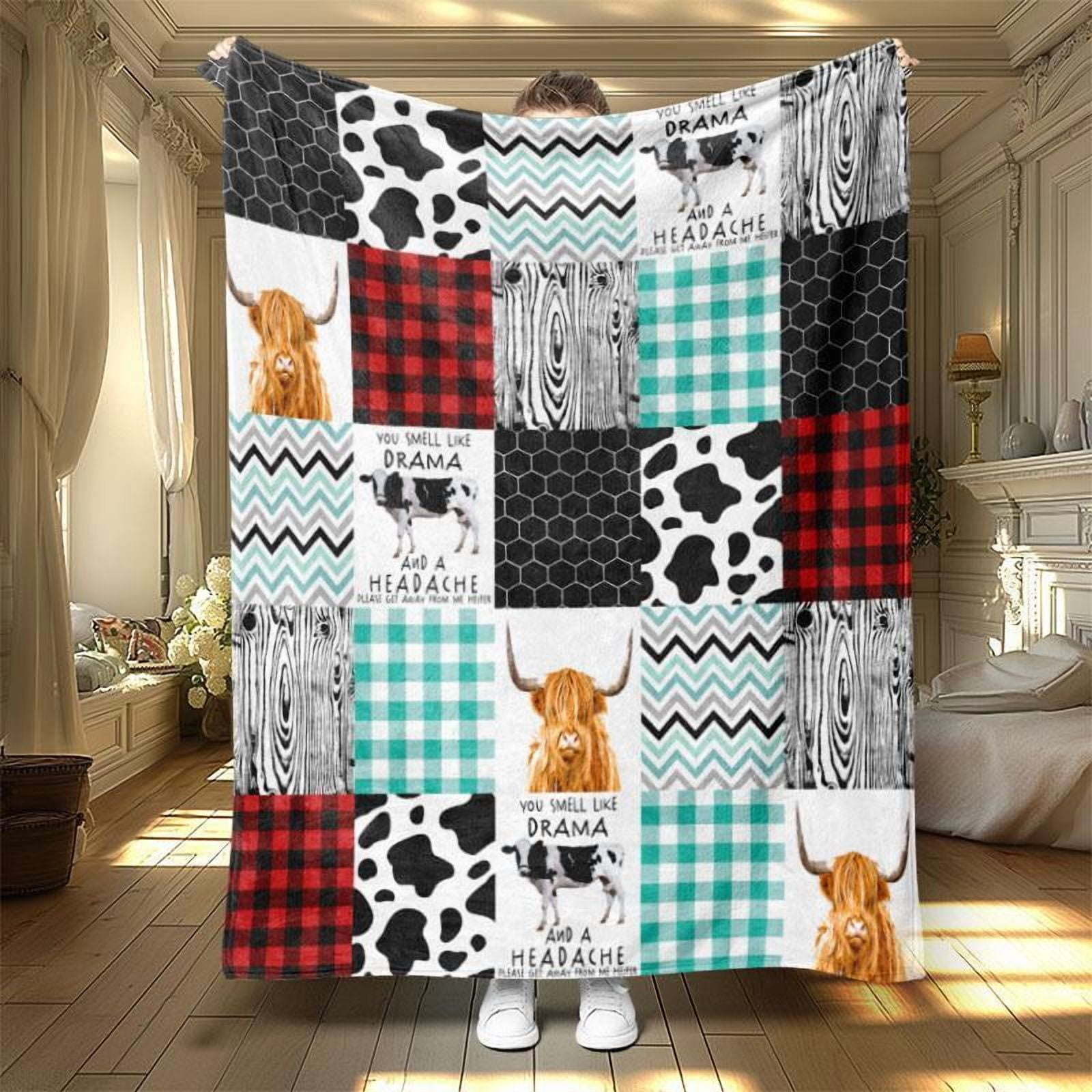 Cow & Plaid Pattern Blanket, 1 Count Soft Comfortable Warm Throw, Air ...