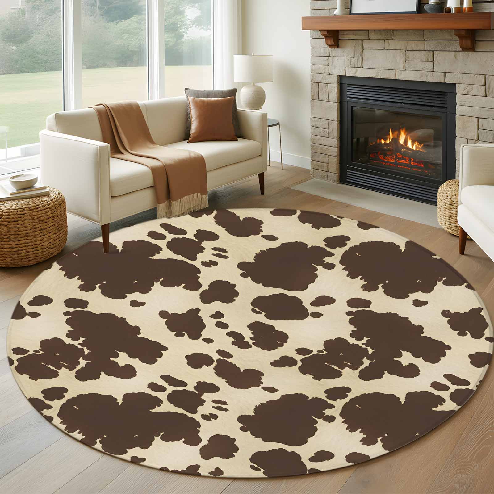 Cow Print 5ft Round Rug, Farmhouse Beige Brown Animal Prints Vintage ...