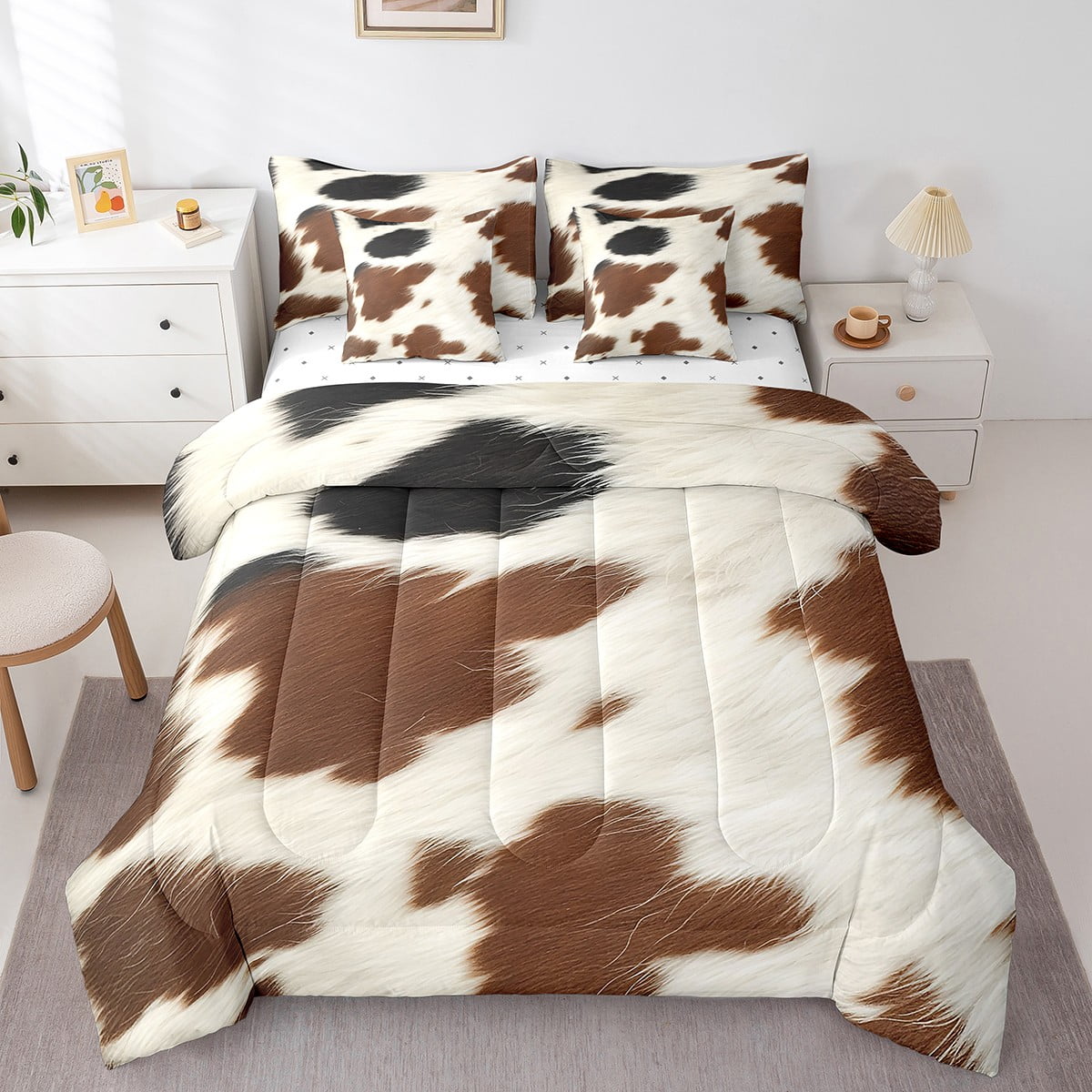 Cow Print 7 Pcs Comforter Set Twin Size,Rustic Western Cowhide Bed in a Bag with Flat Sheet and ...