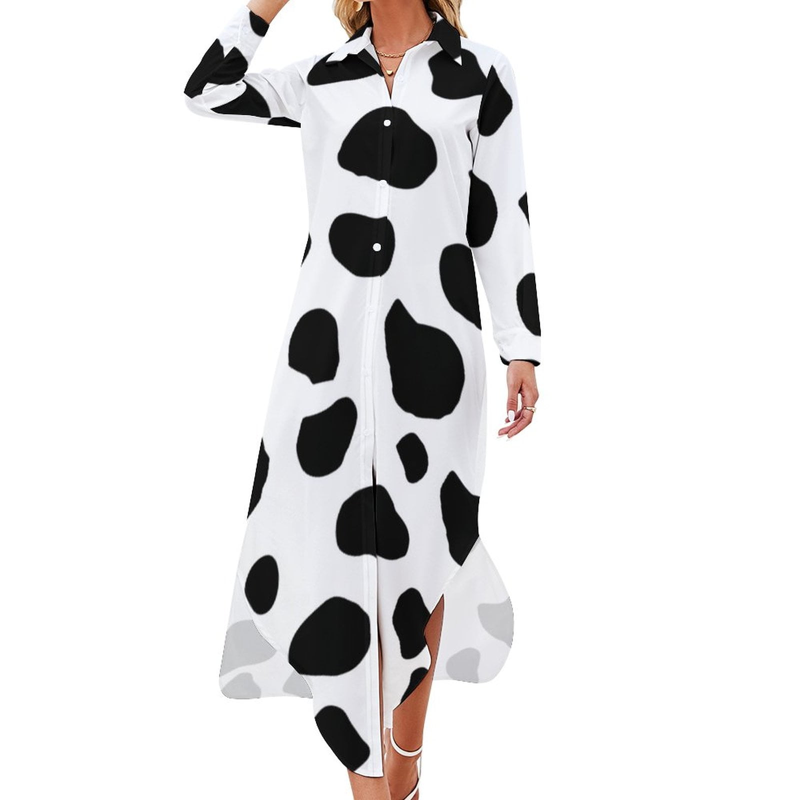 Cow Print And Roses Placed Casual Dress Cow Spots Flower Korean Fashion ...