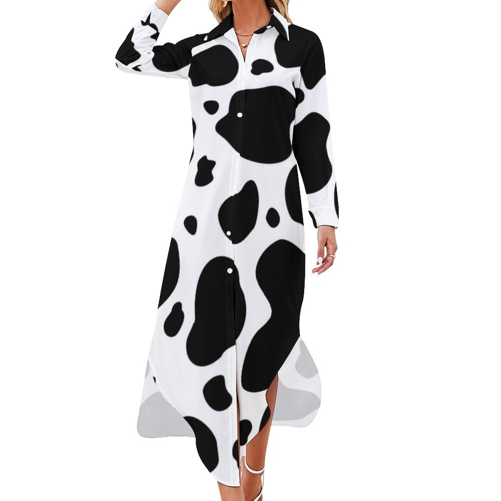 Cow Print And Roses Placed Casual Dress Cow Spots Flower Korean Fashion ...