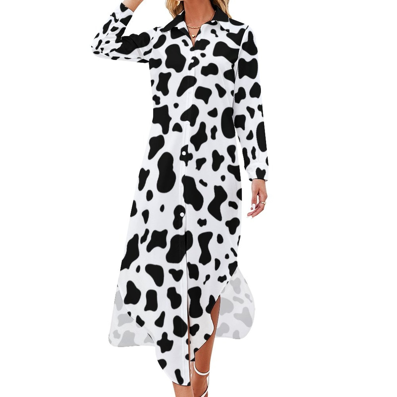 Cow Print And Roses Placed Casual Dress Cow Spots Flower Korean Fashion ...