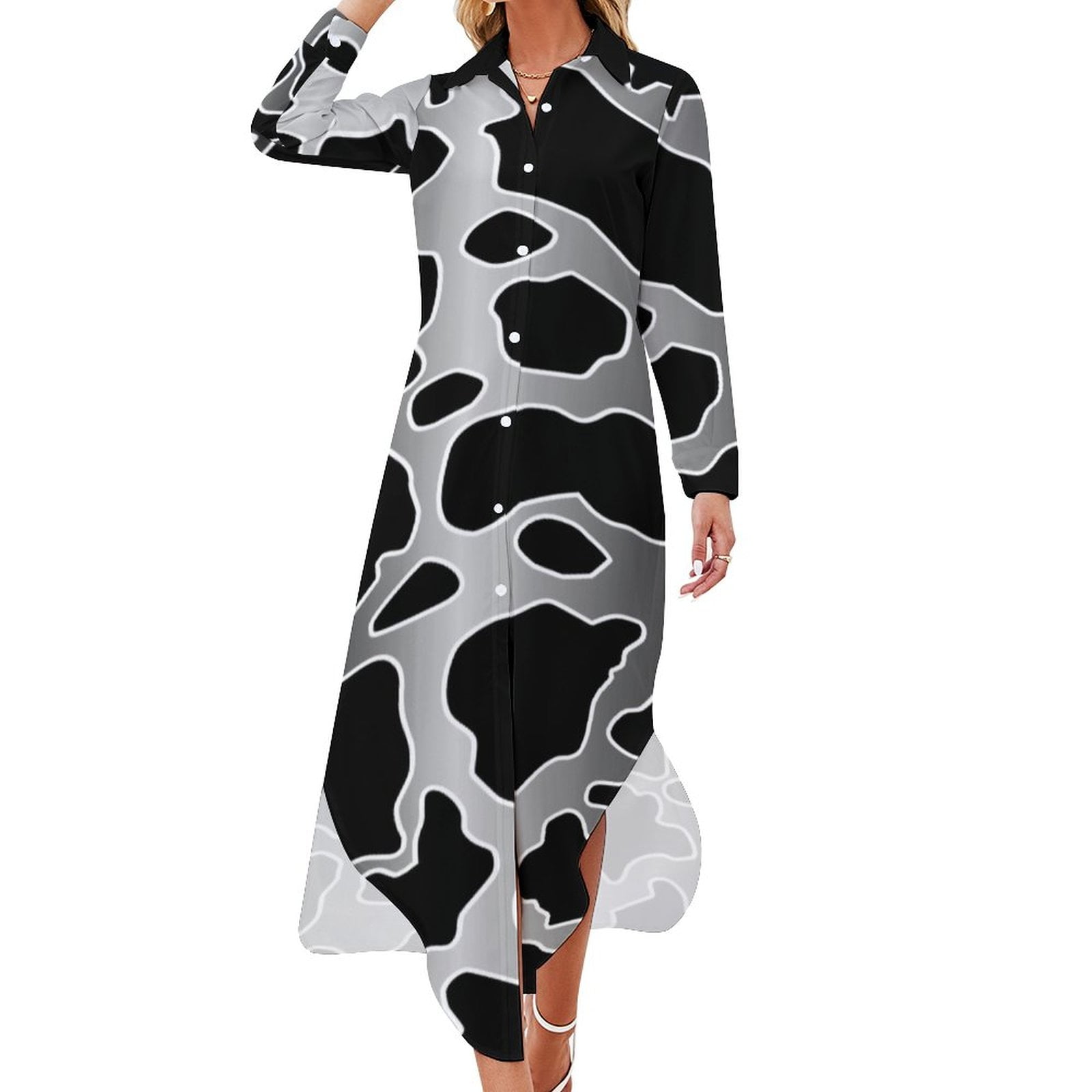 Cow Print And Roses Placed Casual Dress Cow Spots Flower Korean Fashion ...