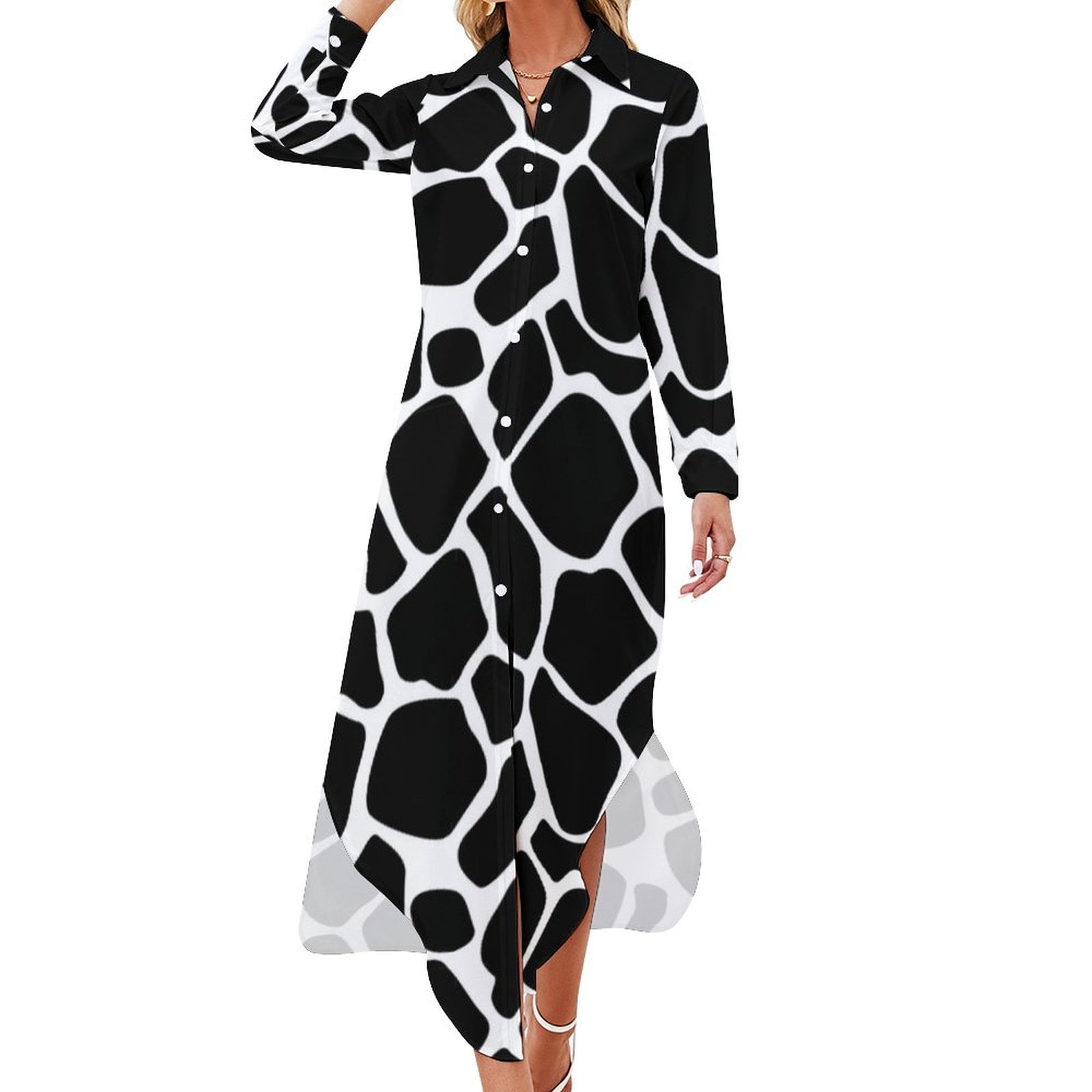 Cow Print And Roses Placed Casual Dress Cow Spots Flower Korean Fashion ...