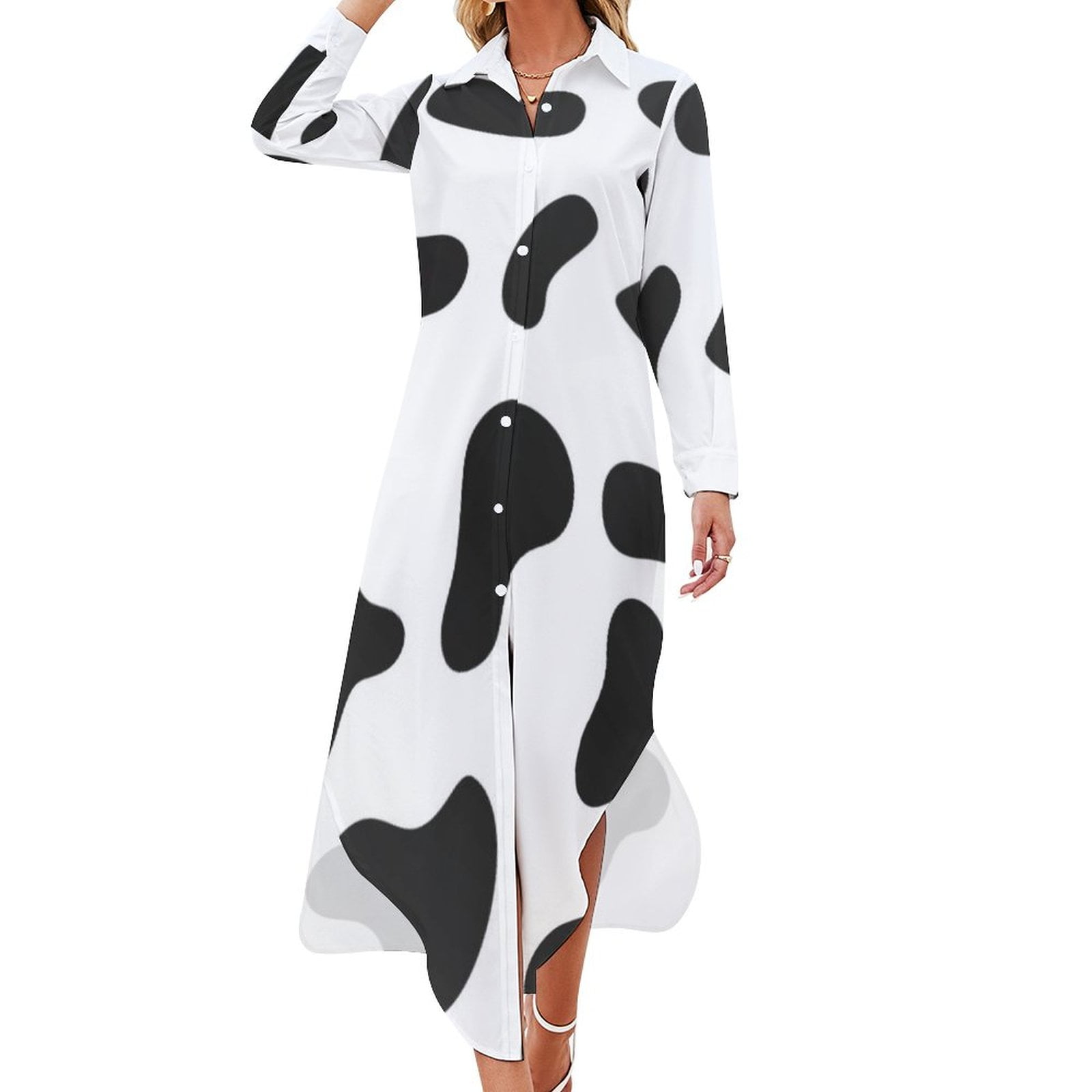 Cow Print And Roses Placed Casual Dress Cow Spots Flower Korean Fashion ...
