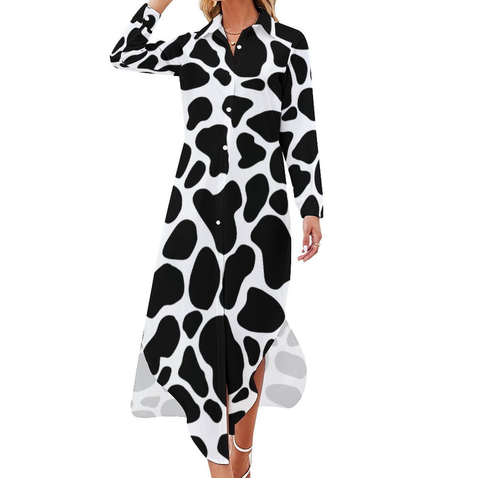 Cow Print And Roses Placed Casual Dress Cow Spots Flower Korean Fashion ...