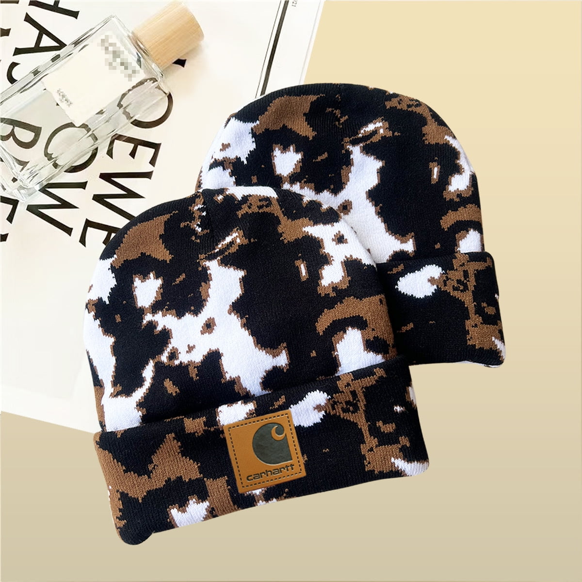 Cow Print Beanie,Fall Winter Men and Womens Beanie Cuffed Hat Warm Knit ...