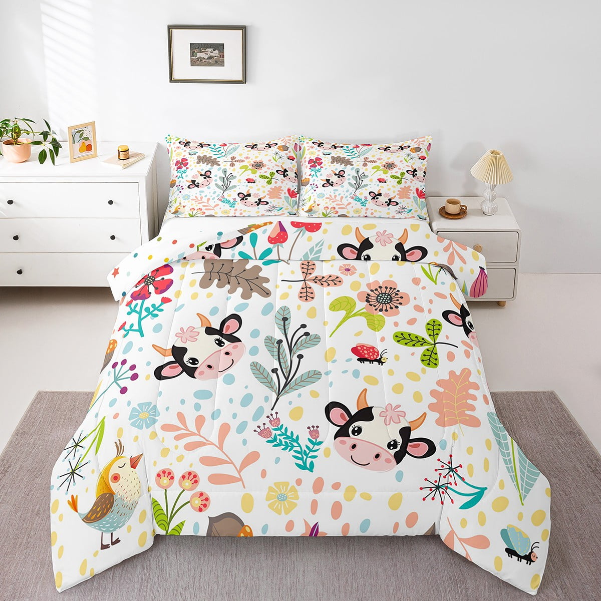 Cow Print Bedding Set Cartoon Milk Cow Comforter Set Cute Flower Farm ...