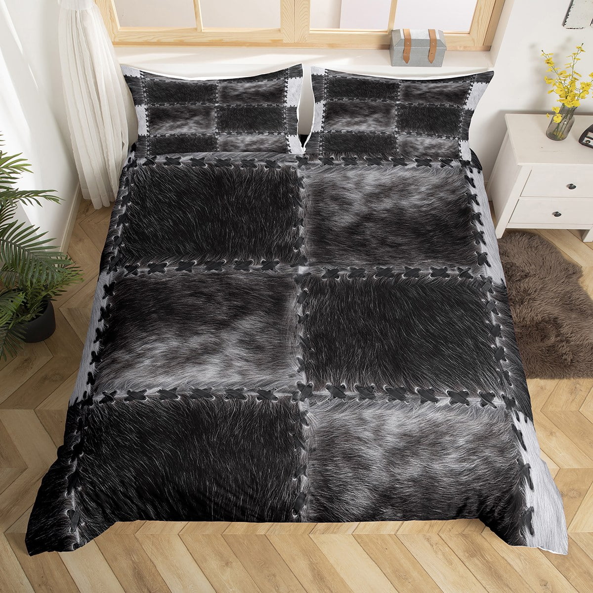 Cow Print Bedding Set King Black Grey Cowhide Duvet Cover Patchwork Cow ...