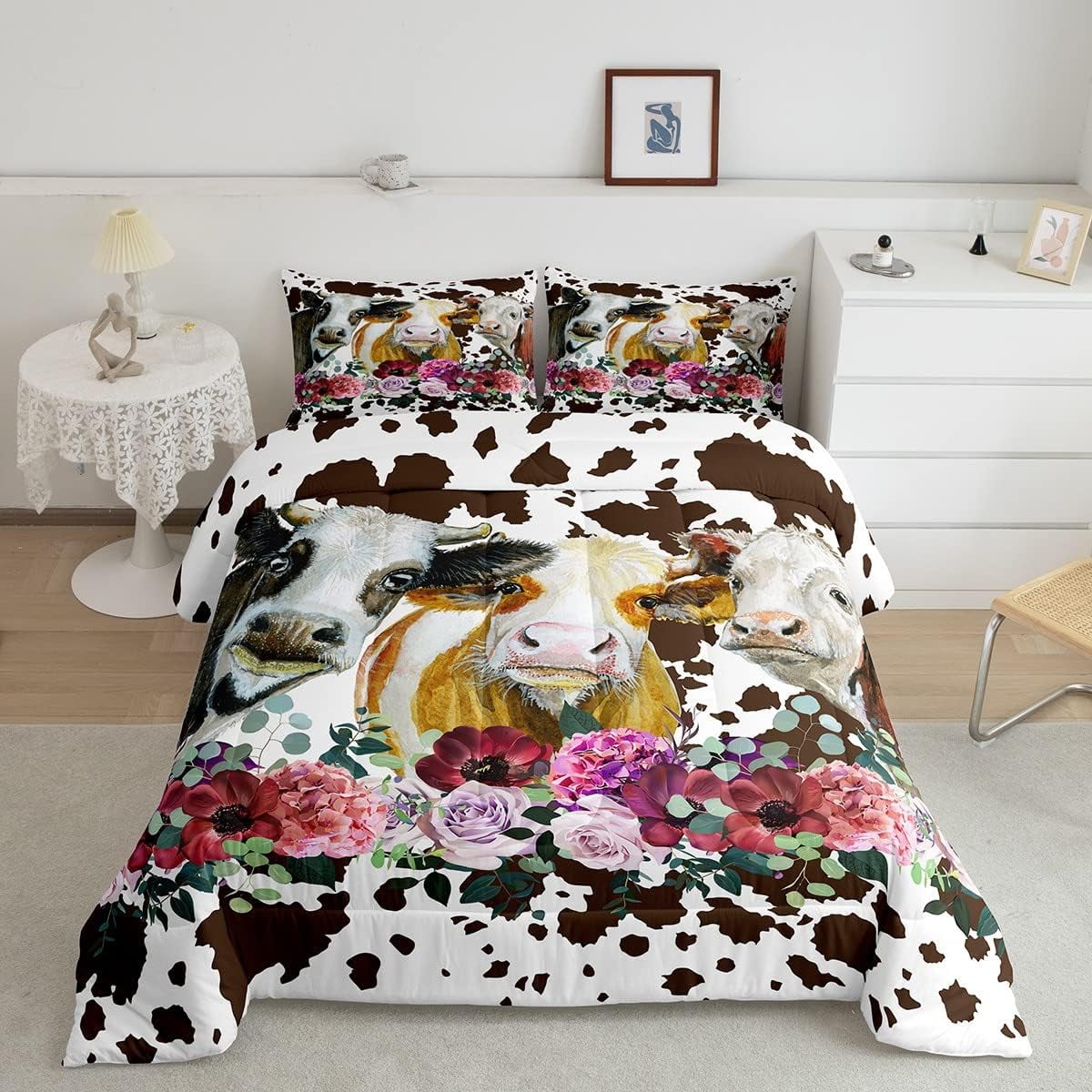 Cow Print Bedding Set Twin,Highland Cow Comforter Set Teens,Botanical ...
