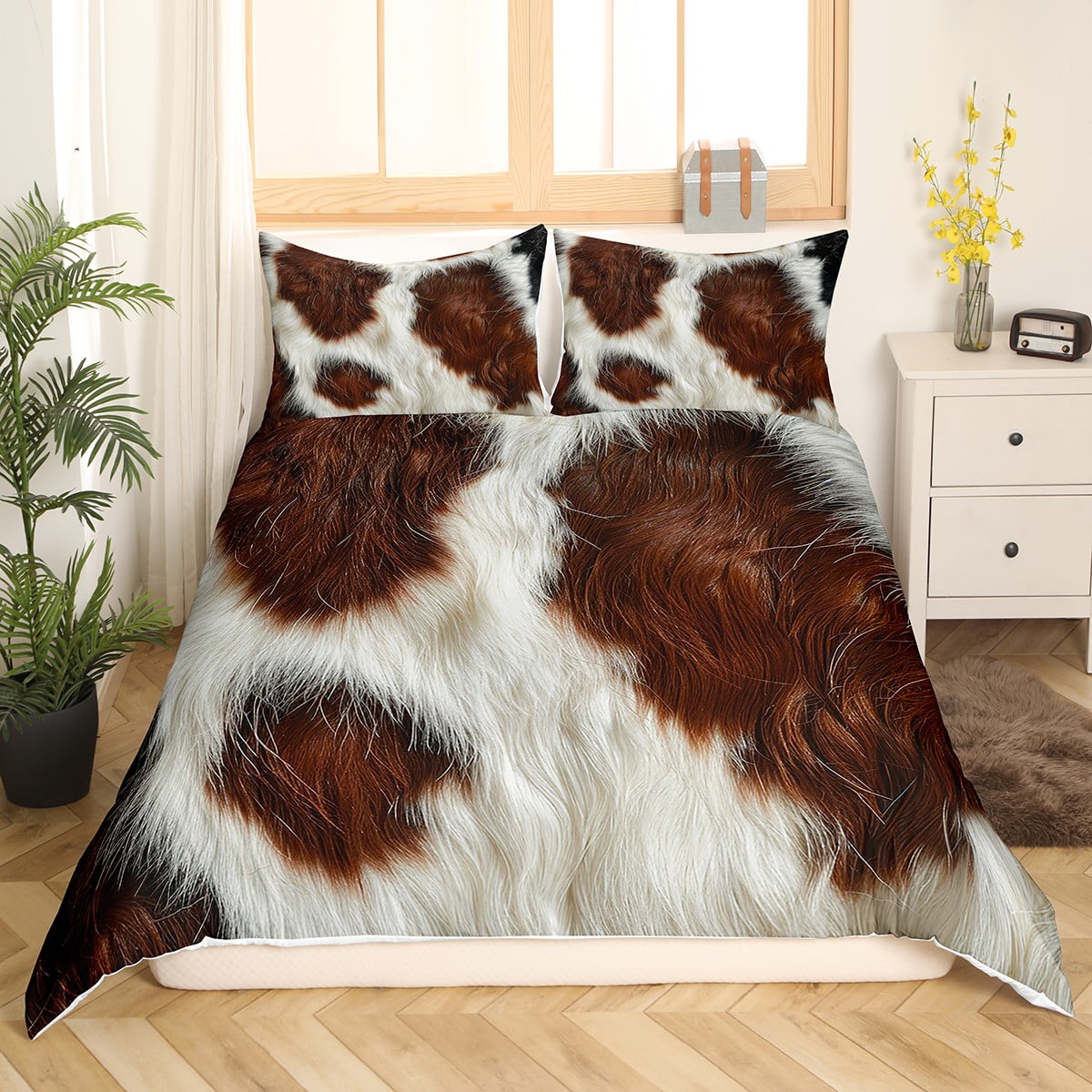 Cow Print Bedding Set Twin Size Rustic Farmhouse Duvet Cover Highland Cattle Cow Print Comforter ...
