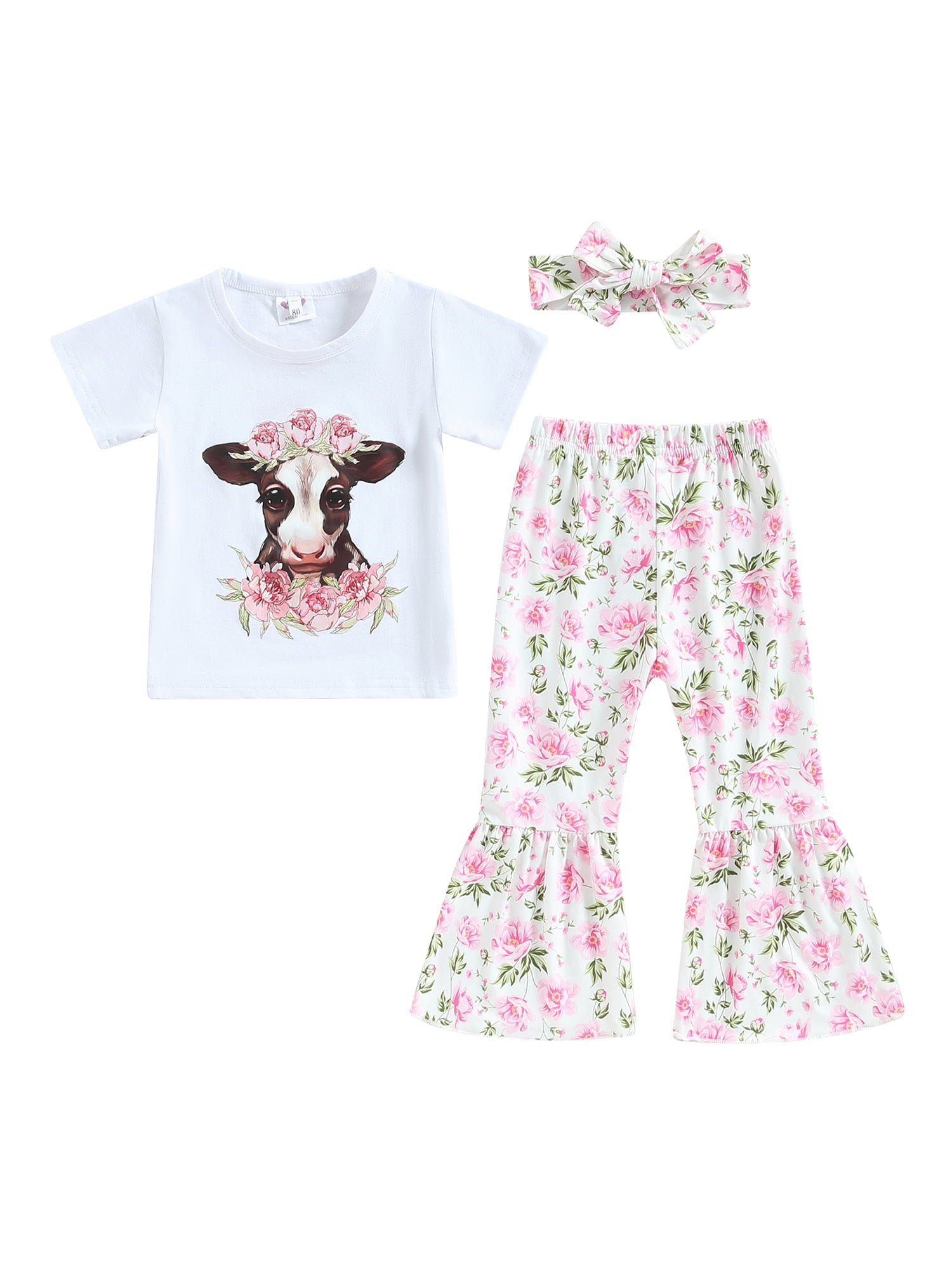 Cow Print Bell Bottoms Outfits Toddler Girl Short Sleeve Rib Knit ...