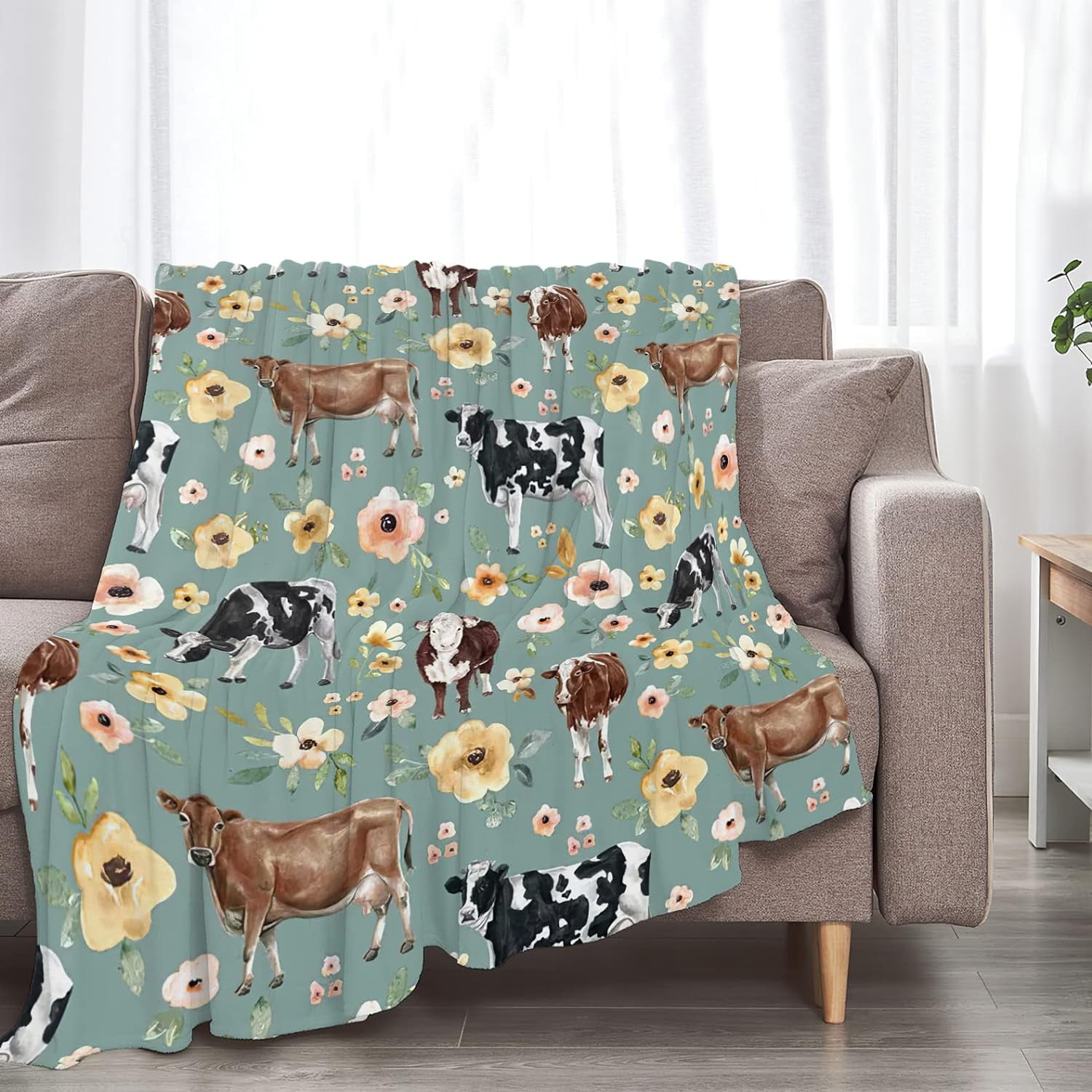Cow Print Blanket Soft Warm Cute Cow Flowers Throw Blanket Fluffy Plush ...