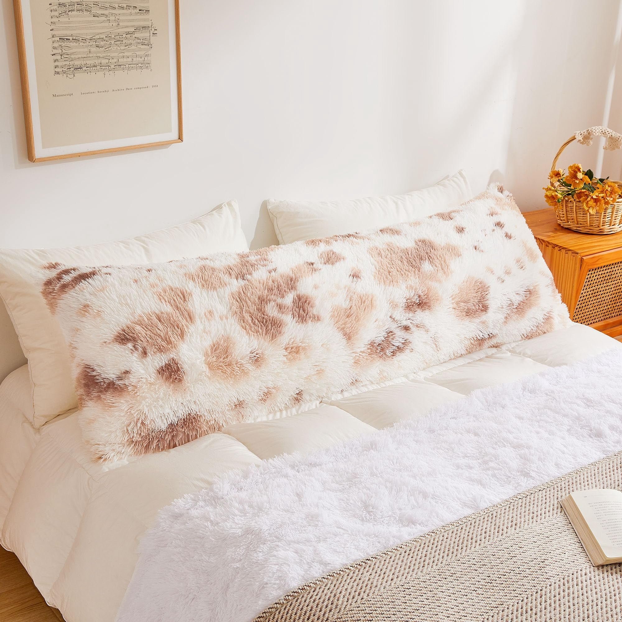 Cow Print Body Pillow Cover, Plush Faux Fur Long Pillowcase with Zipper ...