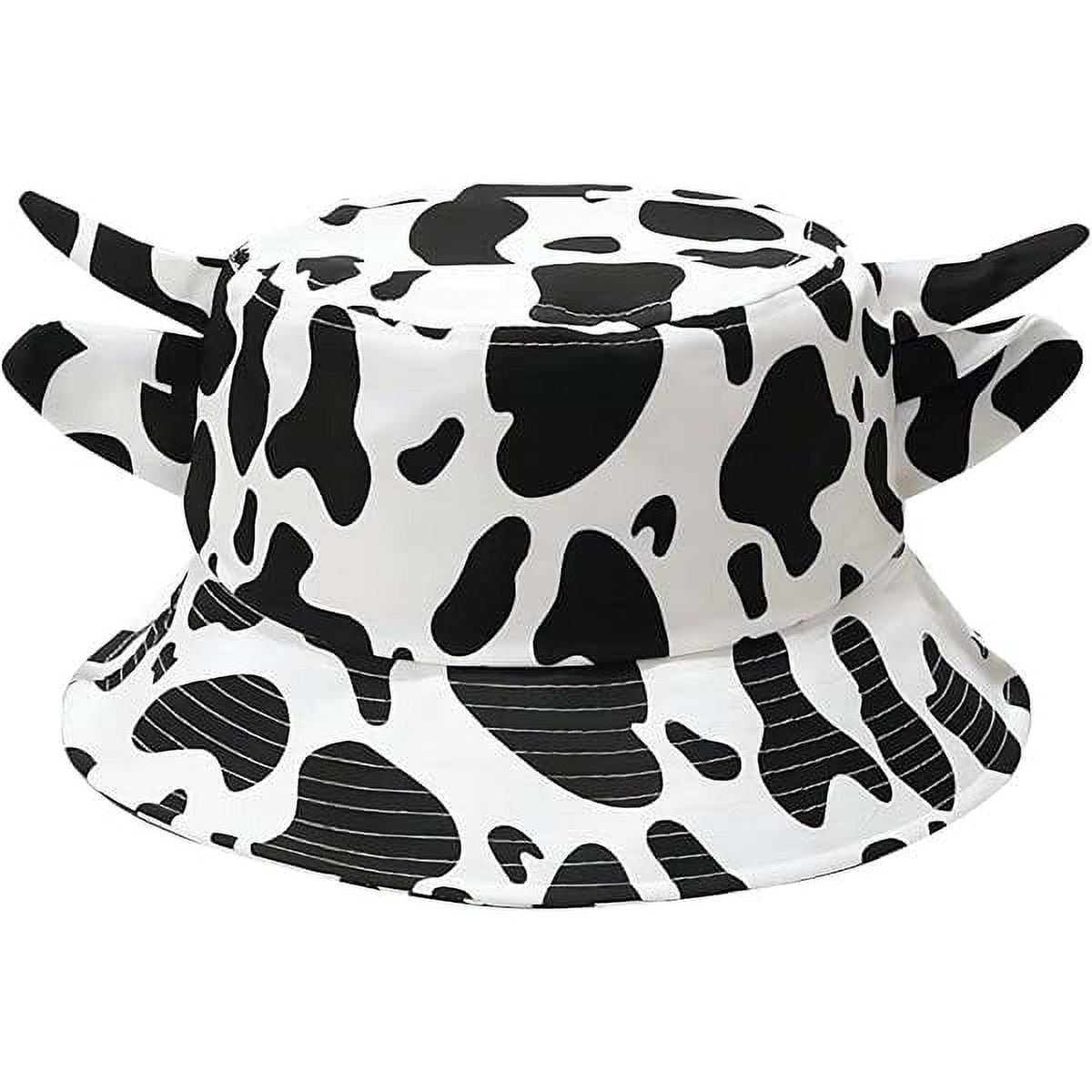 Cow Print Bucket Hat with Cute Horn Ears Cow Print Summer Beach Sun Hat ...