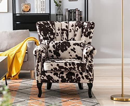 Cow Print Chair Velvet Wingback Chair with Pillow Nail-Head Channel ...