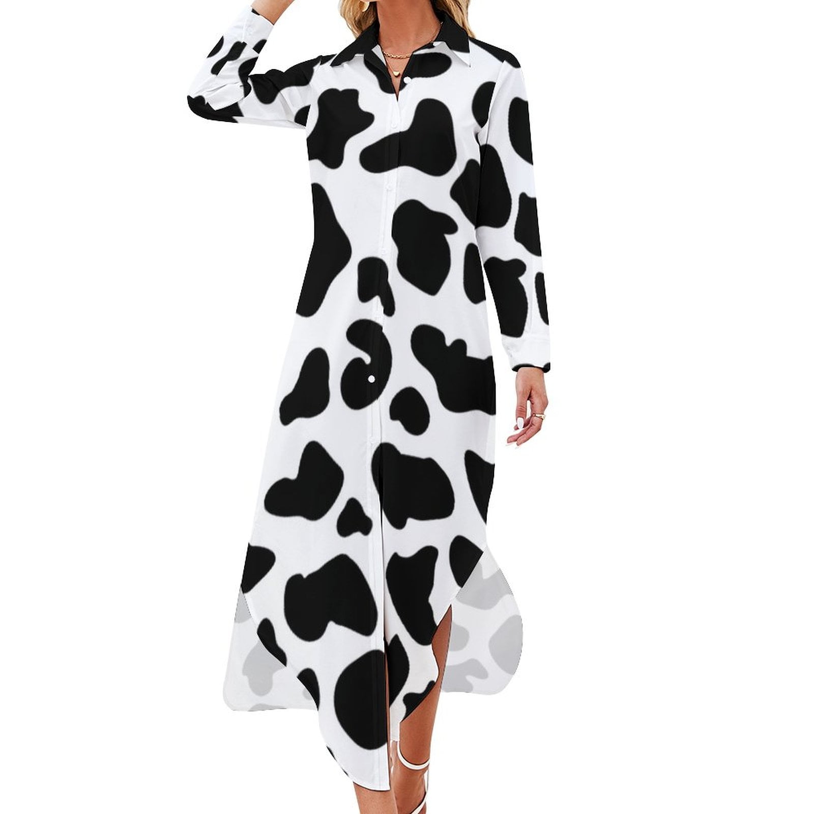 Cow Print Chiffon Dress Farm Animal Elegant Dresses Aesthetic Casual ...