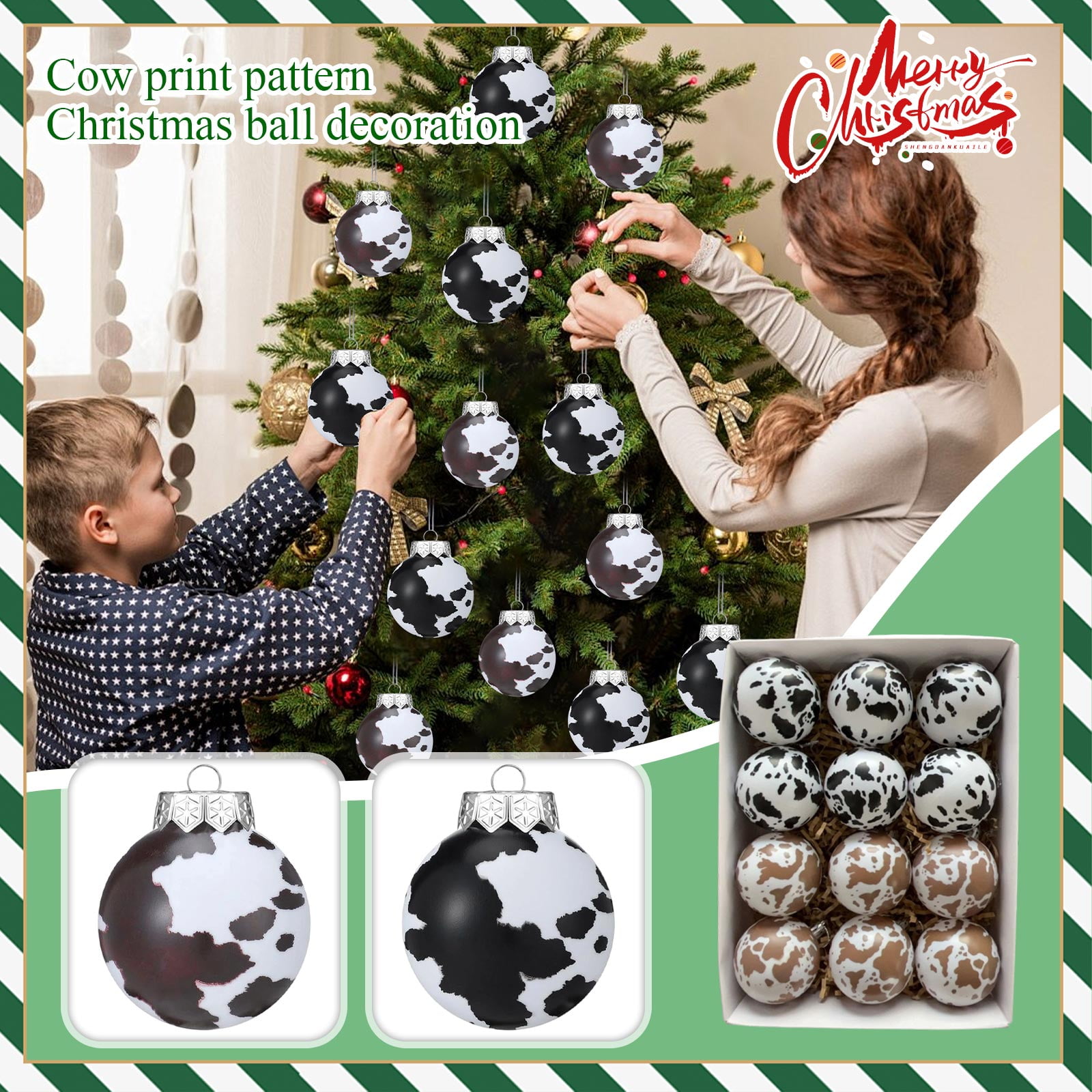 Cow Print Christmas Ornaments Ball Set, Rustic Western Farm-house ...