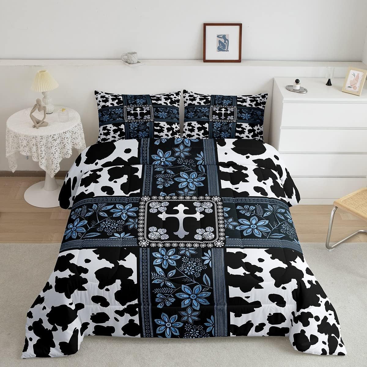 Cow Print Comforter Full Floral Turquoise Decor Quilt Set Western Cow ...