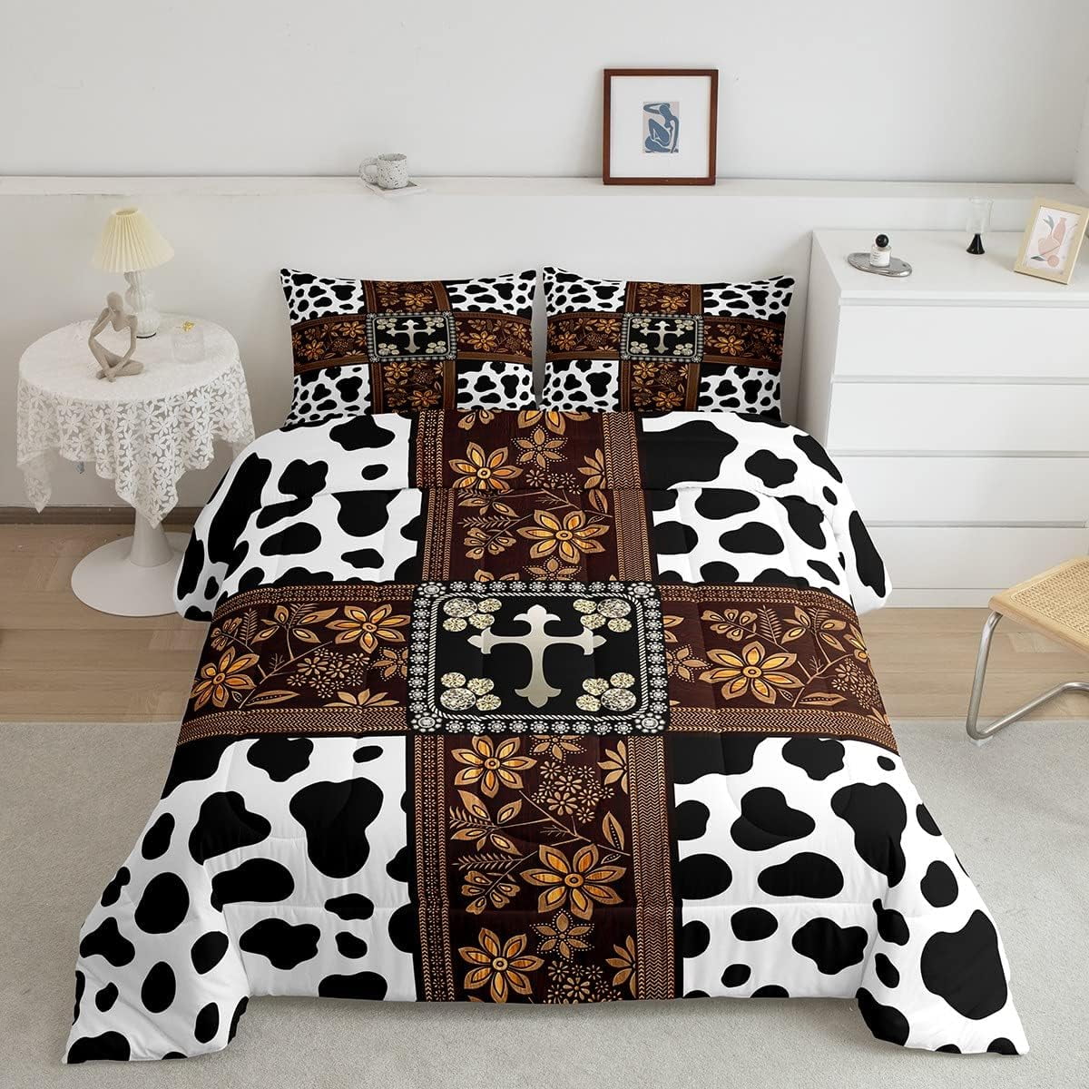 Cow Print Comforter Full Floral Turquoise Decor Quilt Set Western Cow ...