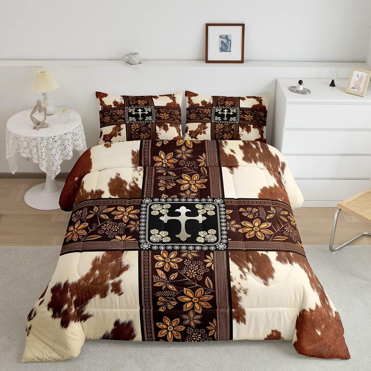 Cow Print Comforter Full Floral Turquoise Decor Quilt Set Western Cow ...