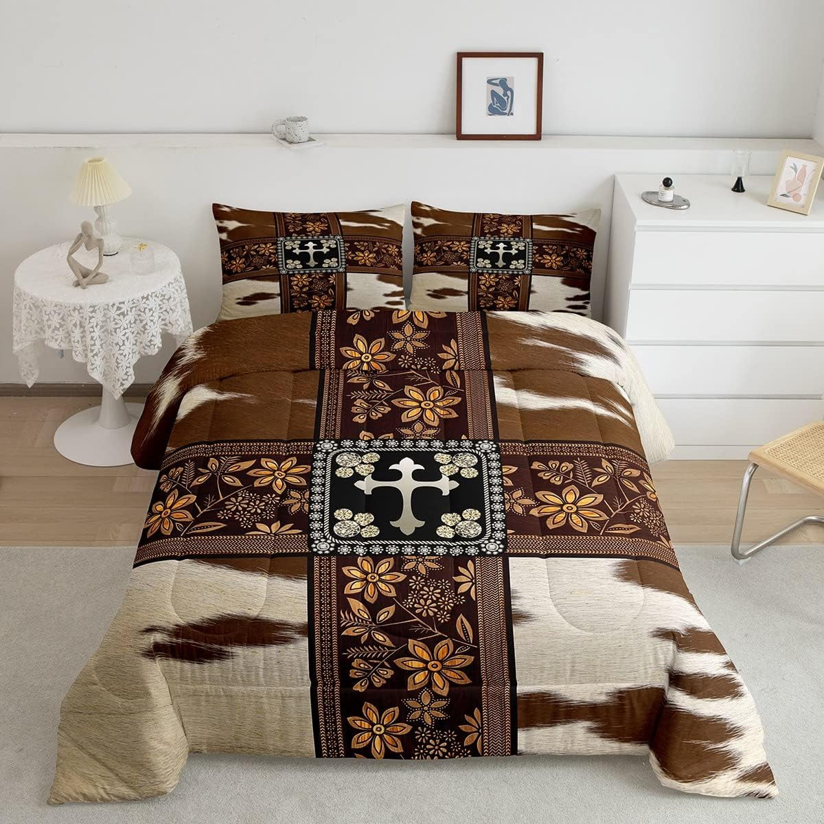 Cow Print Comforter Full Floral Turquoise Decor Quilt Set Western Cow ...