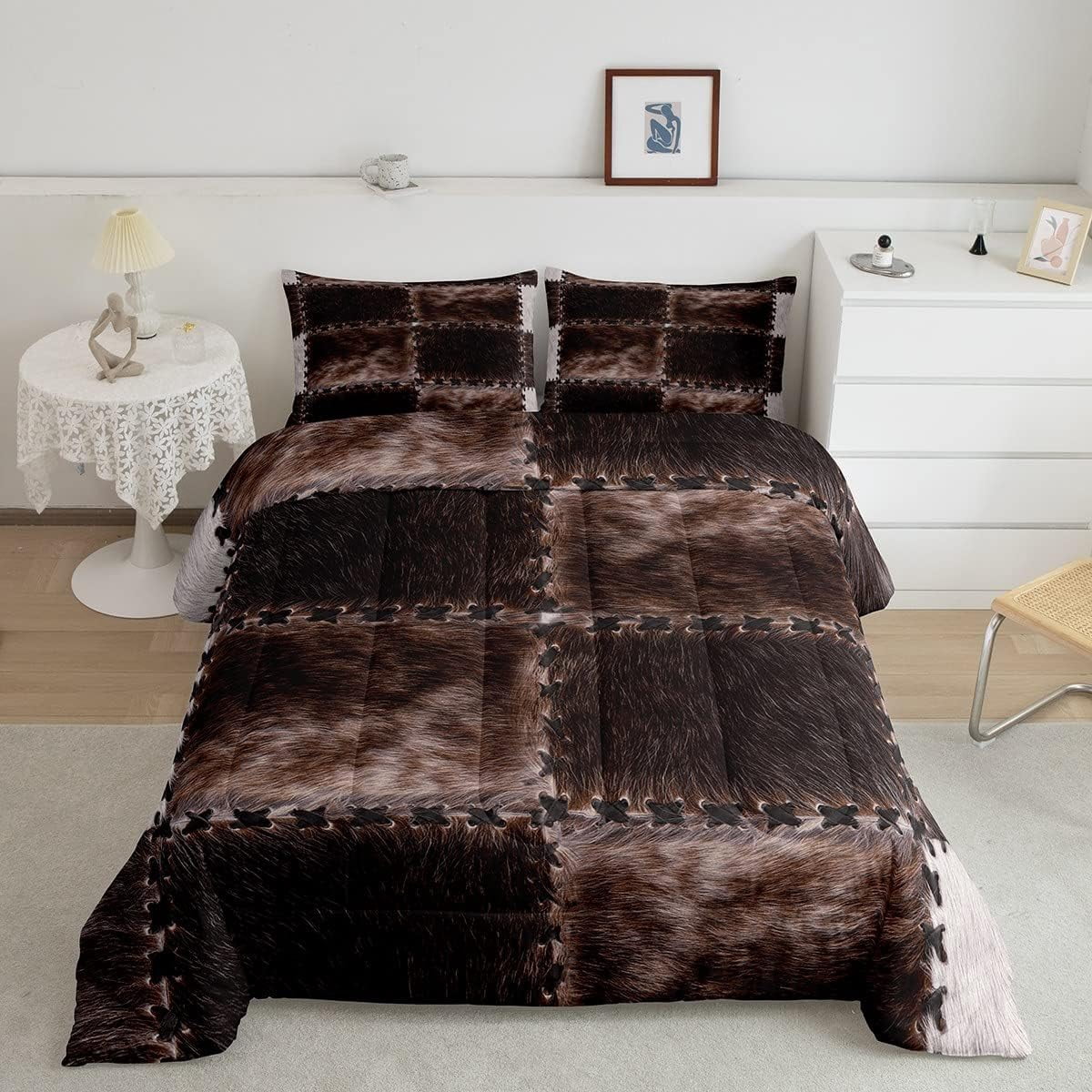 Cow Print Comforter Set Full Black Brown Cowhide Bedding Sets For Adult ...