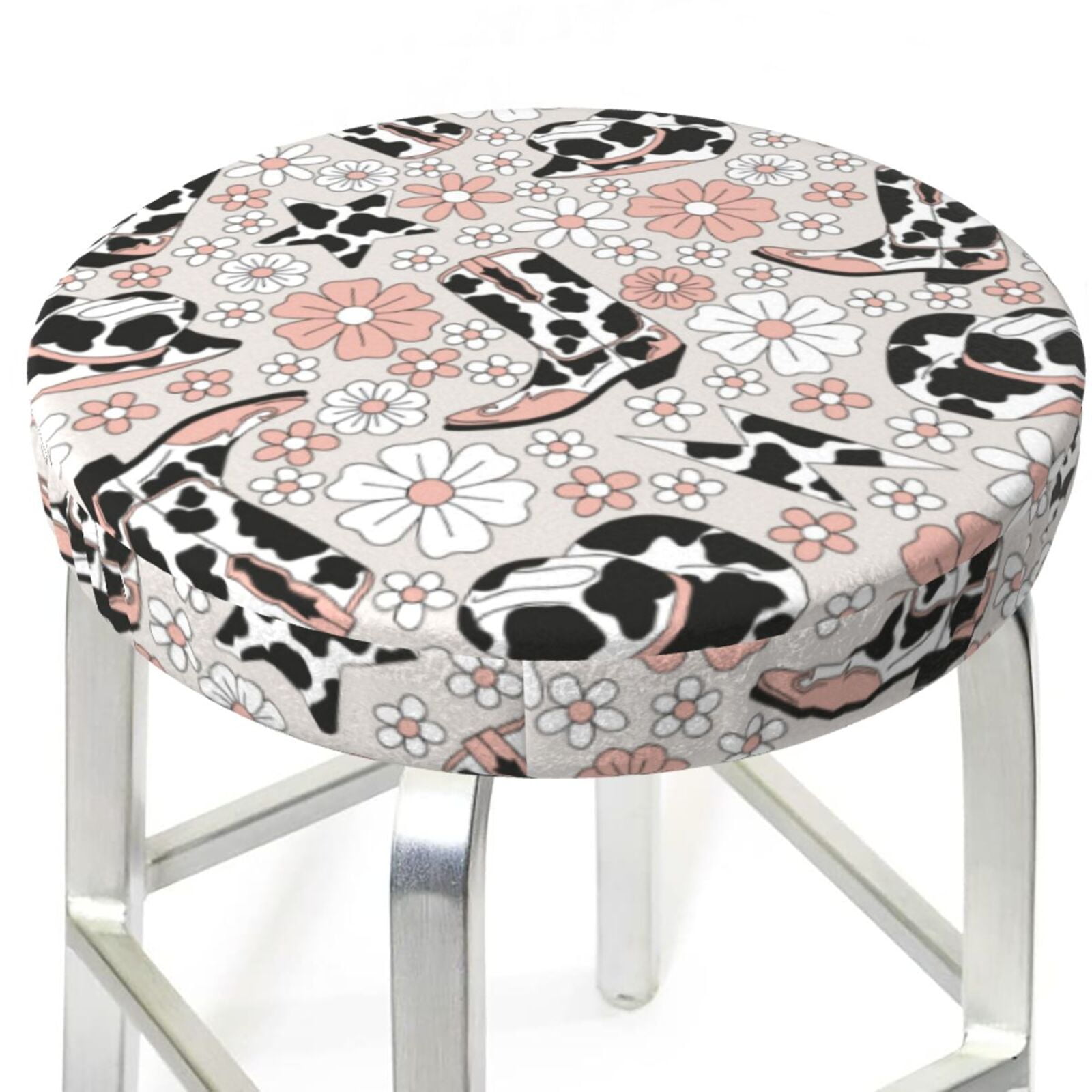 Cow Print Cowboy Hat Boots Flower Round Bar Stool Seat Covers, Elastic ...