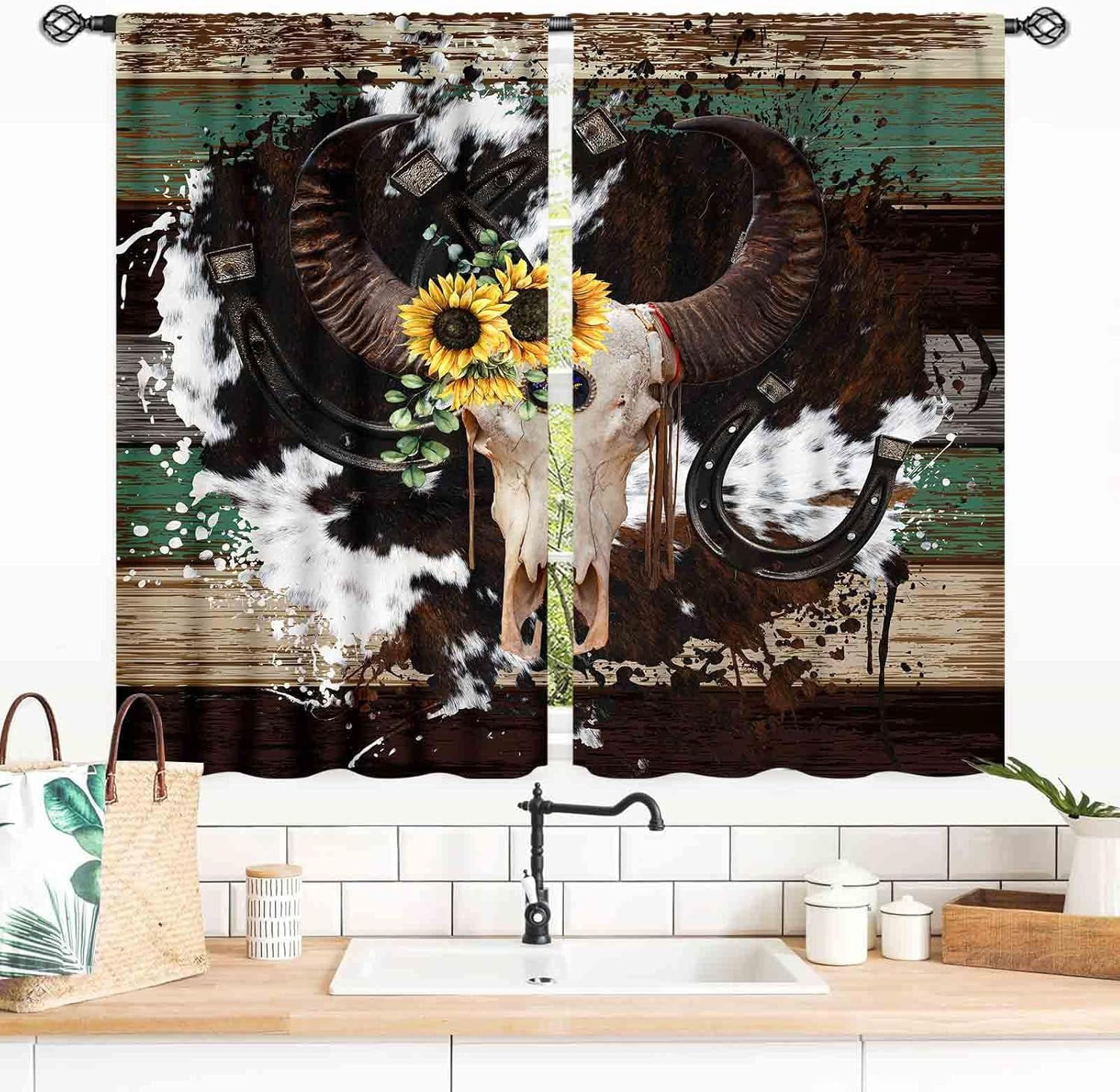 Cow Print Curtains, Western Tribal Cow Bull Skull Cowboy Cowhide Rustic ...