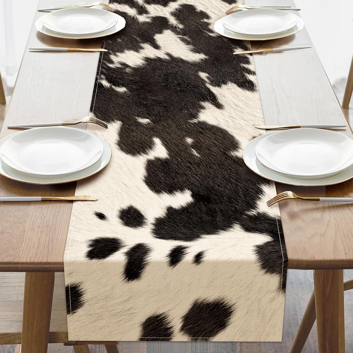 Cow Print Dining Table Runner, Black Western Cottage Country Farmhouse ...
