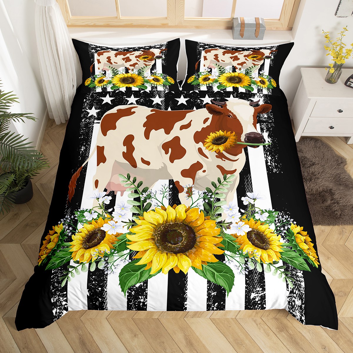 Cow Print Duvet Cover for Men Women, Yellow Sunflowers Print Comforter ...