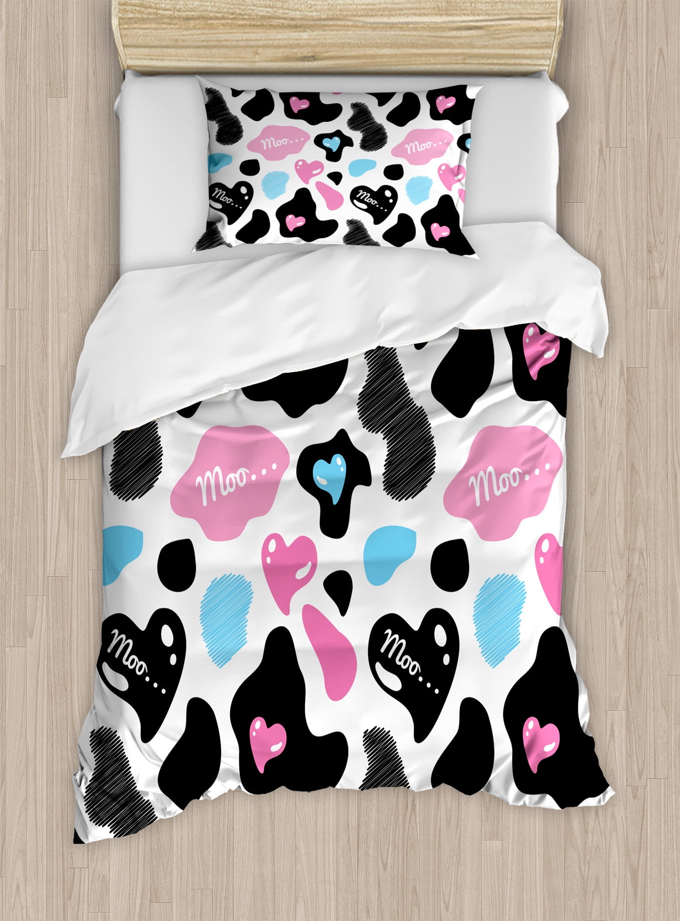 Cow Print Duvet Cover Set, Animal Hide Hearts Moo Barnyard Love ...